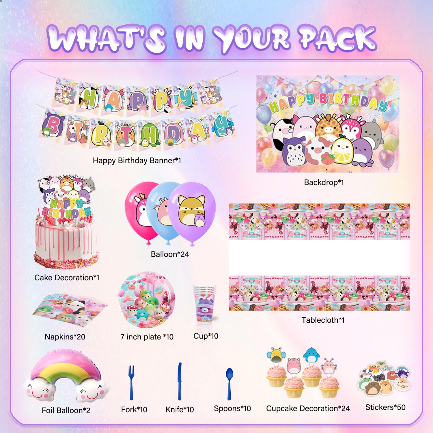 biepi 174 Pcs Birhthday Party Supplies,Theme Birthday Decorations Include Birthday Banner Cake Topper Tablecloth Squishmallow Party Decorations for Girl and Boys