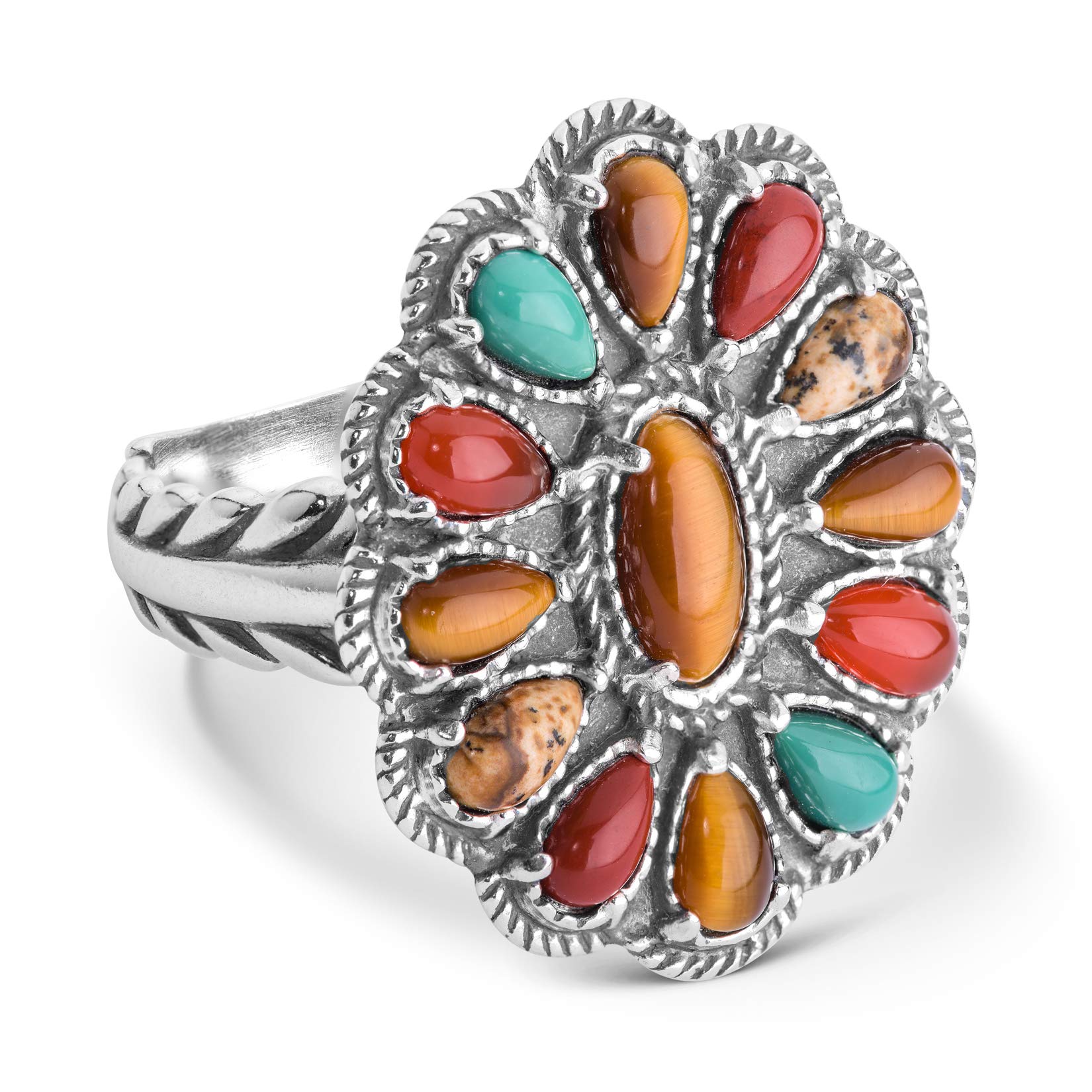 American West Sterling Silver Tiger Eye, Jasper and Carnelian Gemstone Cluster Design Ring Size 8