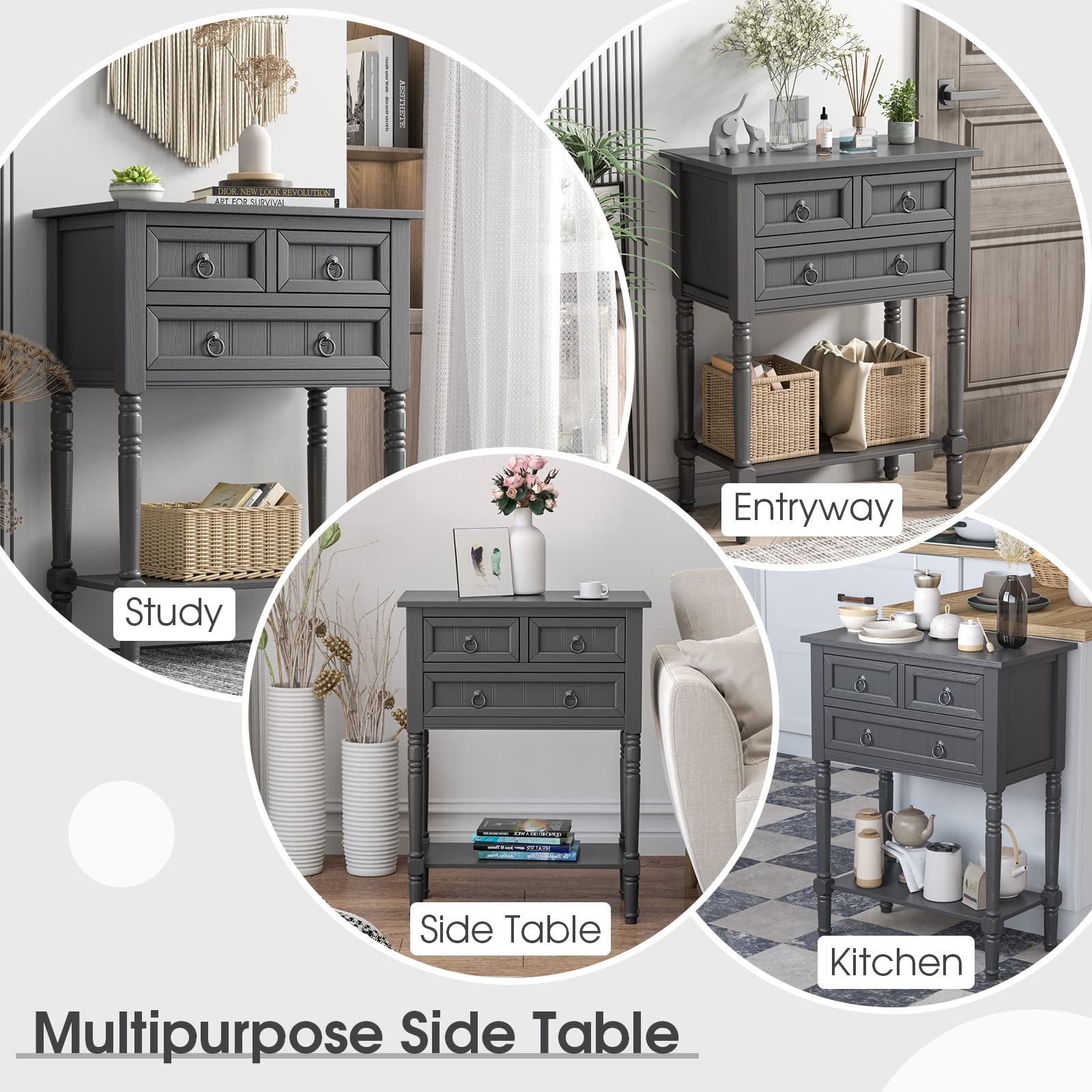 Giantex Entryway Table with Storage, Rustic Small Console Table w/ 3 Drawers & Open Bottom Shelf, Skinny Wood Console Table, Narrow Sofa Side Table for Living Room, Foyer, Hallway, Entry Table, Beige