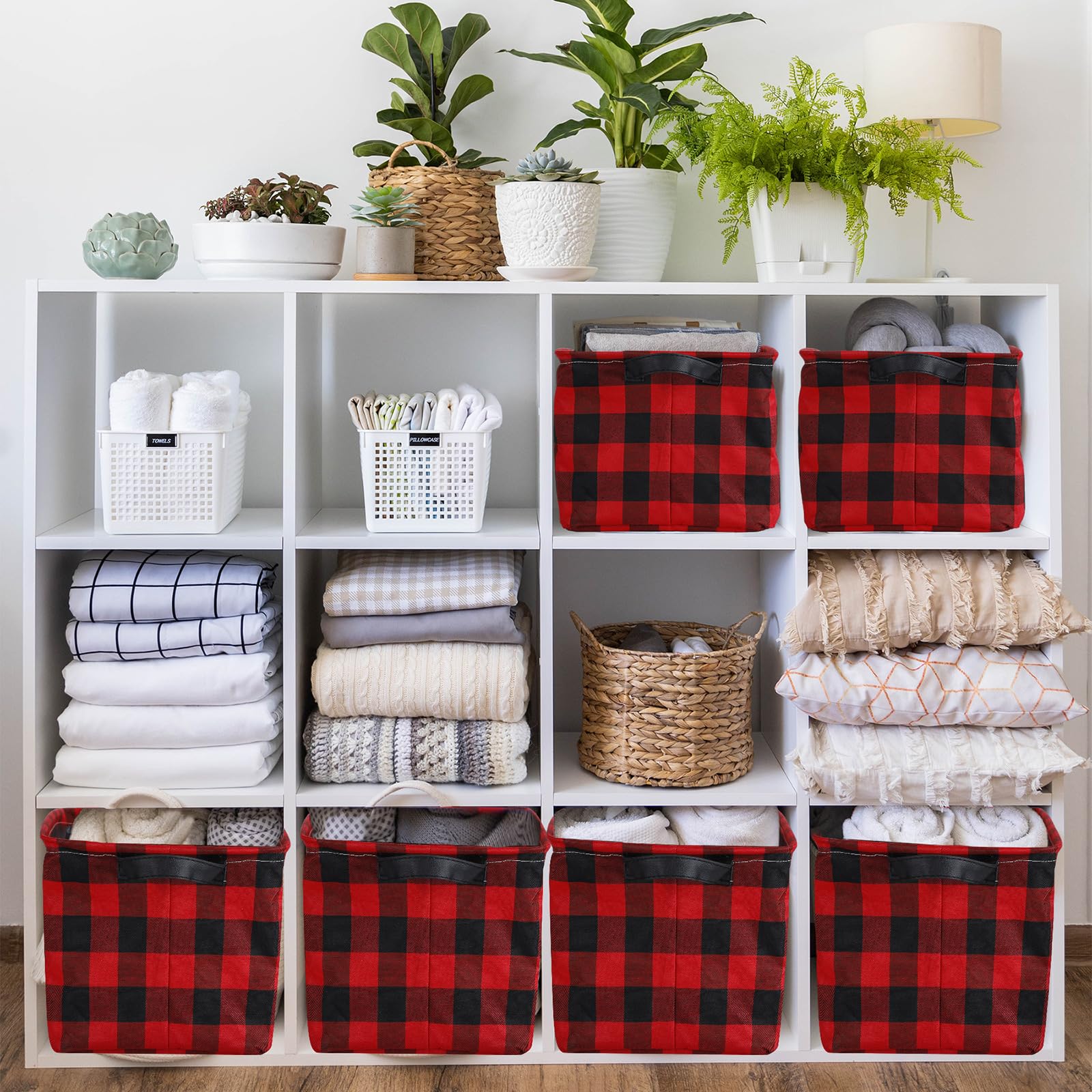 Ziliny 10 Pcs Buffalo Plaid Basket Collapsible Basket with Handles Large Storage Basket Checkered Empty Gift Baskets Home Organizer Containers Storage Bins, 14 x 10 x 8 Inch(Red and Black)