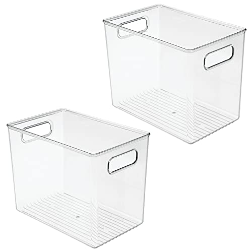 mDesign Deep Modern Plastic Storage Organizer Bin Basket with Handles for Home Office Organization - Shelf, Cubby, Cabinet, and Closet Organizing Decor - Ligne Collection - 2 Pack - Clear