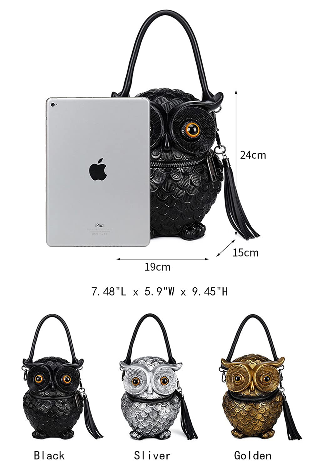 zijingyiran 3D Owl Embossed Shoulder Bag Creative Punk Female Bag Messenger Bag Original Animal Tassel Handbag 2021 New (Golden)