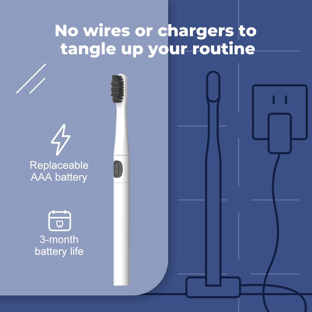 Kroey sonic electric toothbrush powered by battery with 2 brush heads, DuPont activated carbon bristles IPX7 Waterproof for Adults and Kids (White)