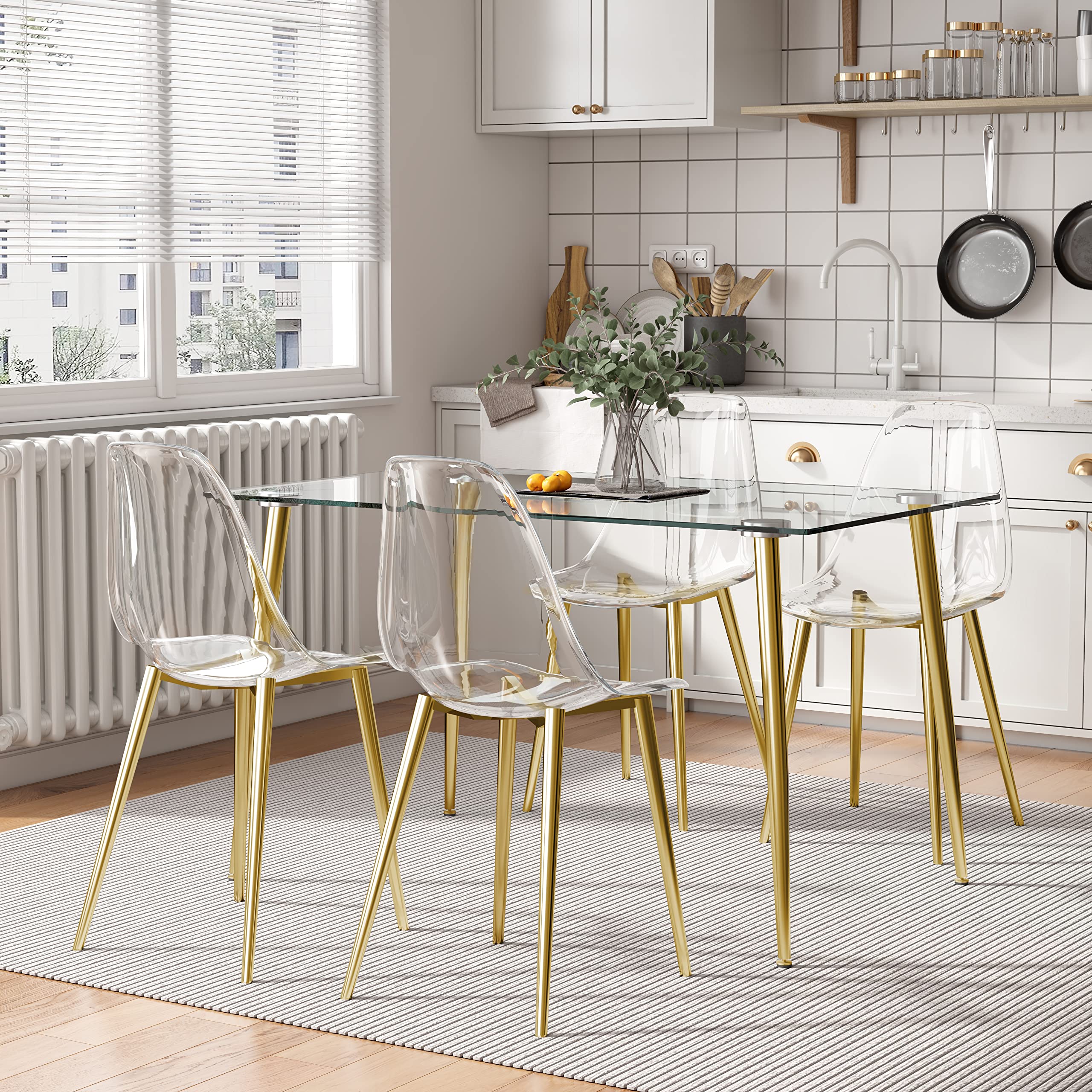 51 inch Glass Dining Table Set for 4, Dining Table & Chair Sets with Gold Plating Legs for Kitchen, Modern Rectangle Tempered Glass Table Top and Transparent Plastic Dining Chair for Dining Room