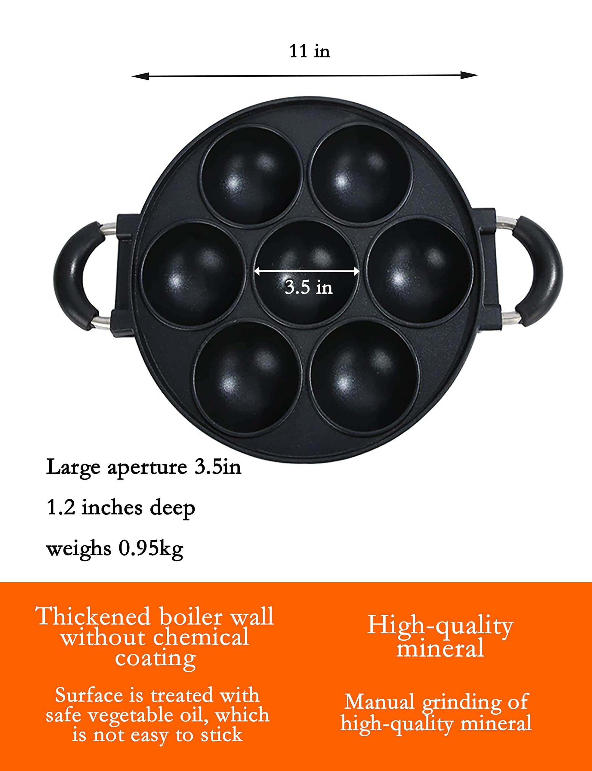 Heaunzy Japan large aperture takoyaki pan,cake mold baking pan,making masa (rice pancake),fry eggs,Poffertjes pan,Appam pan,Banh khot pan,Masa pan,cupcake pan,takoyaki maker,Nonstick,0.95kg(7 Hole)