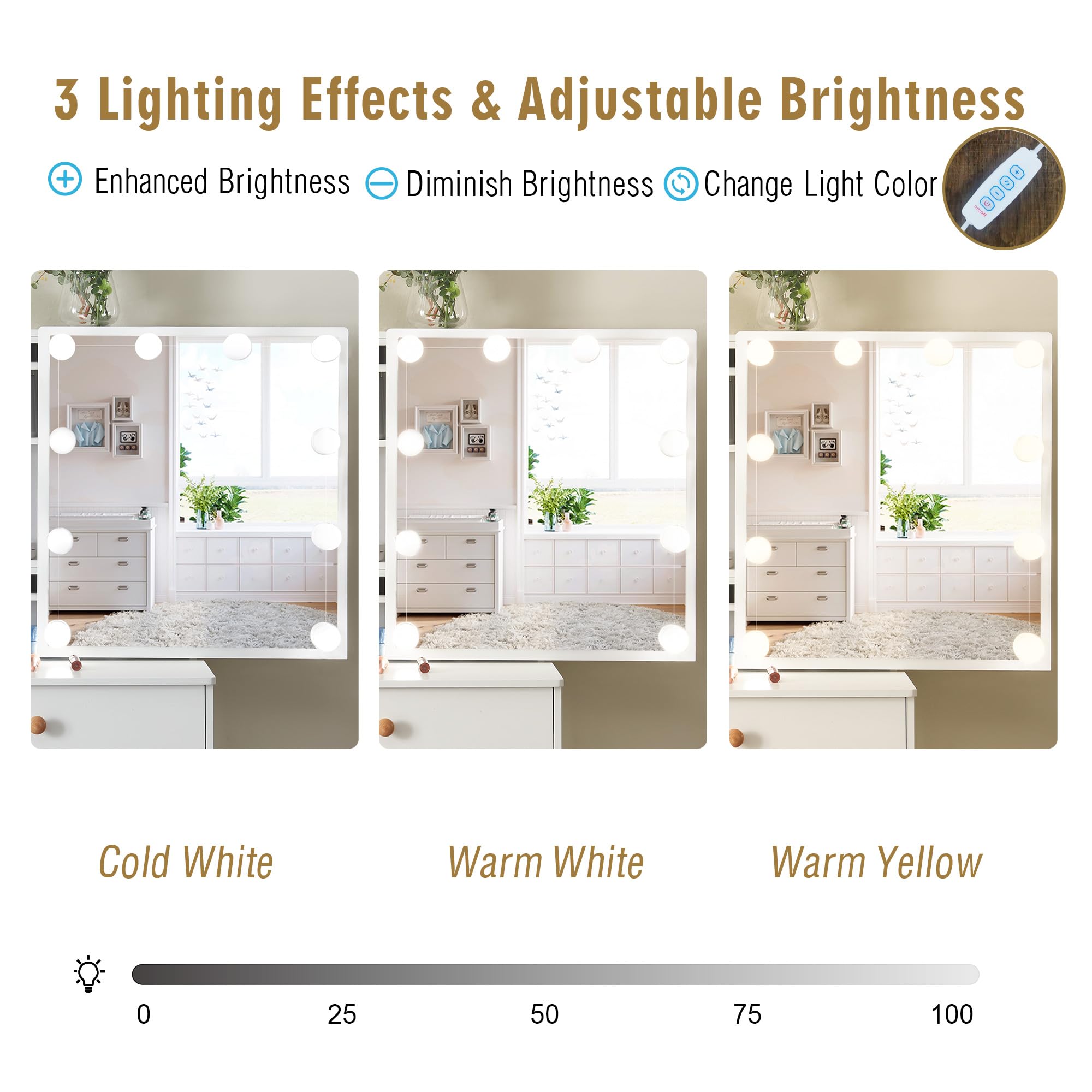 Abesthink Makeup Vanity with Lights, Makeup Vanity Desk with Mirror and 10 LED Lights,Vanity Table Set with 5 Drawers, Cabinet,Stool and Hidden Shelves,Vanity Set Dressing Table for Bedroom, White