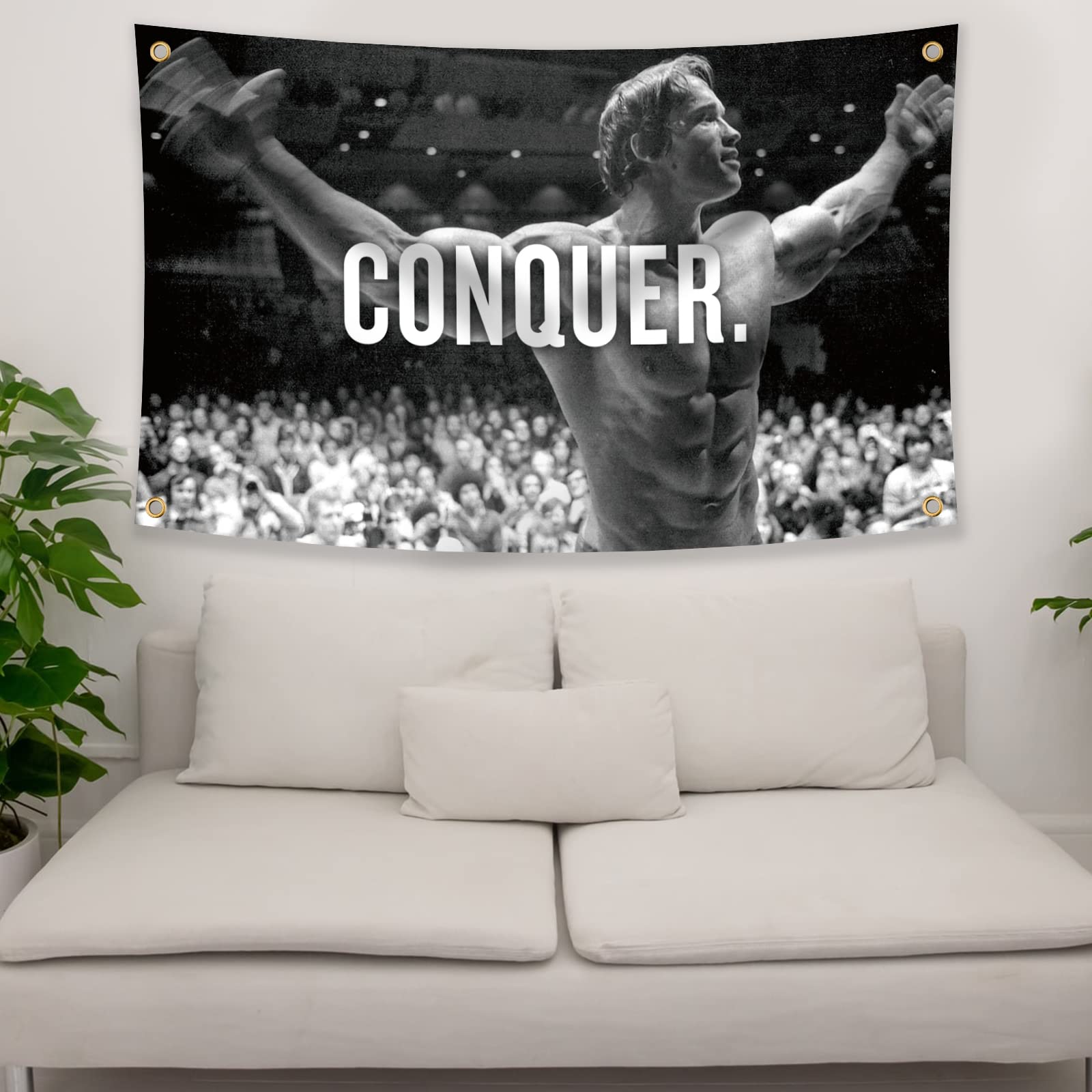 Arnold Schwarzenegger Conquer Motivational Inspirational Office Gym Wall Decor Flag Banner,3x5 Feet Flag Funny Poster Durable Man Cave Wall Flag with Brass Grommets This beautiful entertaining banner