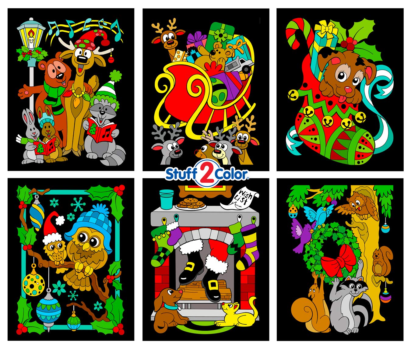 Christmas Animals Fuzzy Coloring Poster 6 Pack (Great for Holiday Activities & Family Get Togethers) - Arts and Crafts Project for Girls, Boys, Toddlers, Parents, and Teens [Santa, Sleigh, and More]