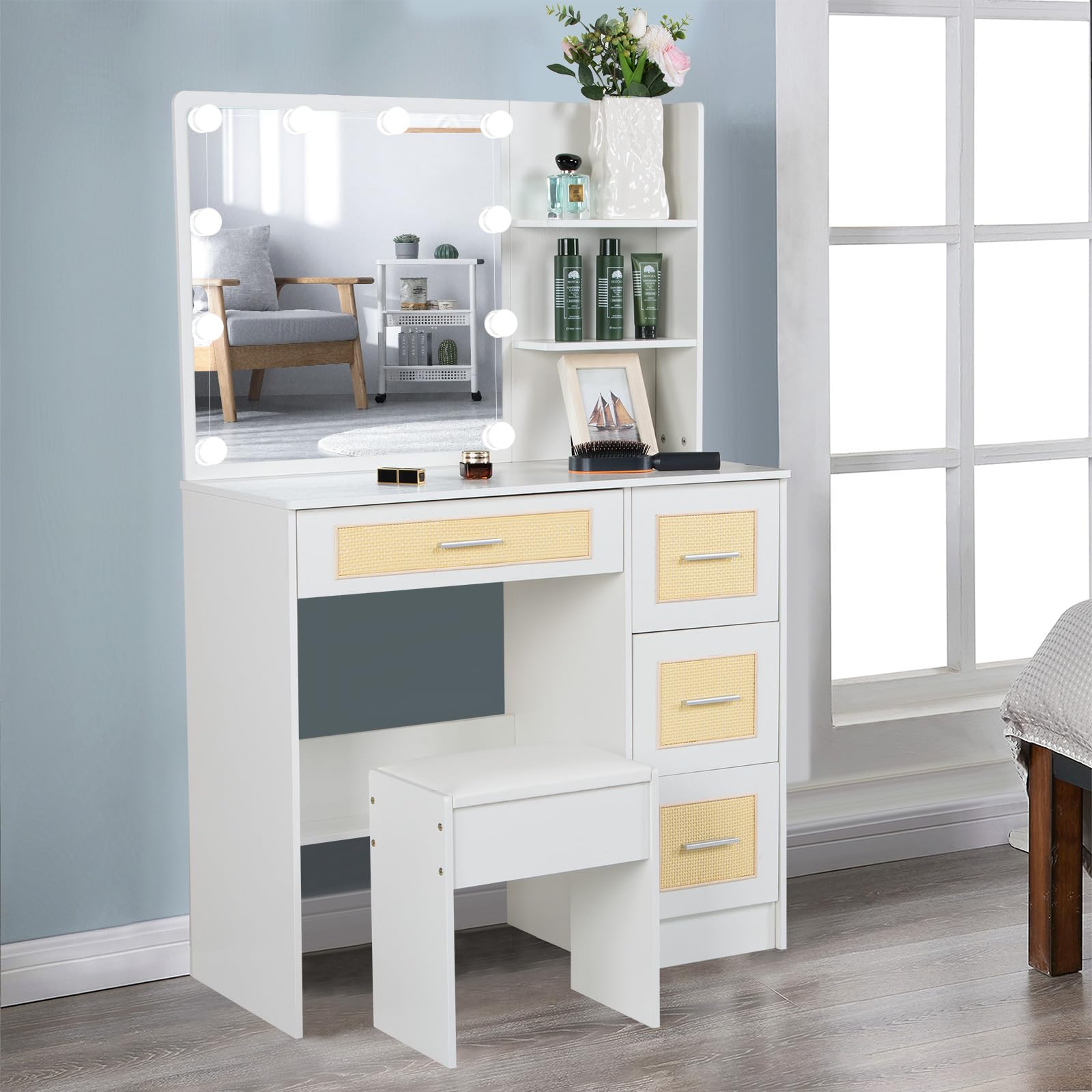 Abesthink Makeup Vanity Table with Lights and Mirror,Modern Vanity Dressing Table with Lighted Makeup Mirror,White Vanity Table Desk with Drawers Shelves and Stool for Bedroom…