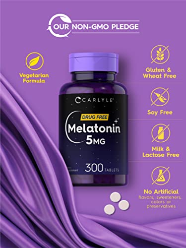 Carlyle Melatonin 5mg | 300 Tablets | Drug Free Supplement | Vegetarian, Non-GMO, Gluten Free
