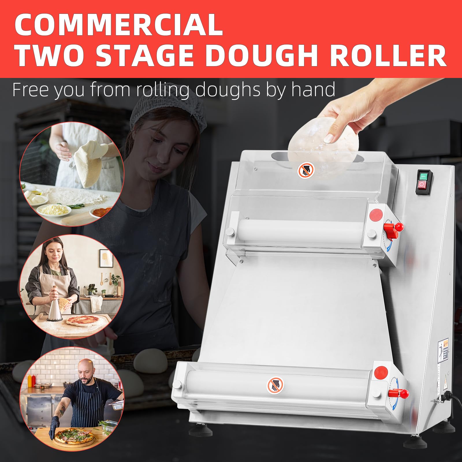 CHEINAUTO 01 Commercial Pizza Dough Roller Sheeter, 24.8 x 20.8 x 9.8 inches, Silver