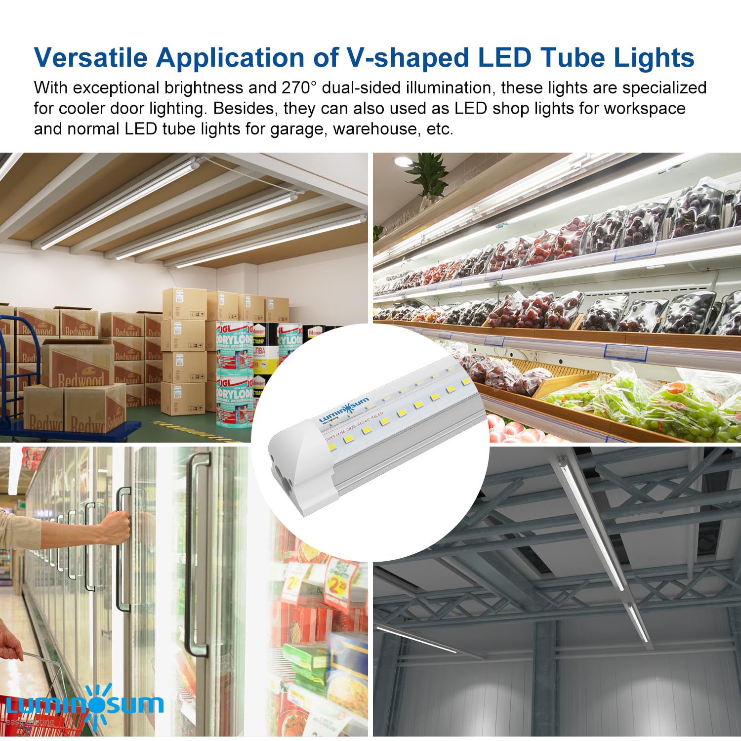 LUMINOSUM LED Shop Light 6ft, 42W LED Tube Light Fixture, Clear Cover Daylight 5000K, V-Shaped Integrated Fixture for Cooler Door Lighting, 20-Pack