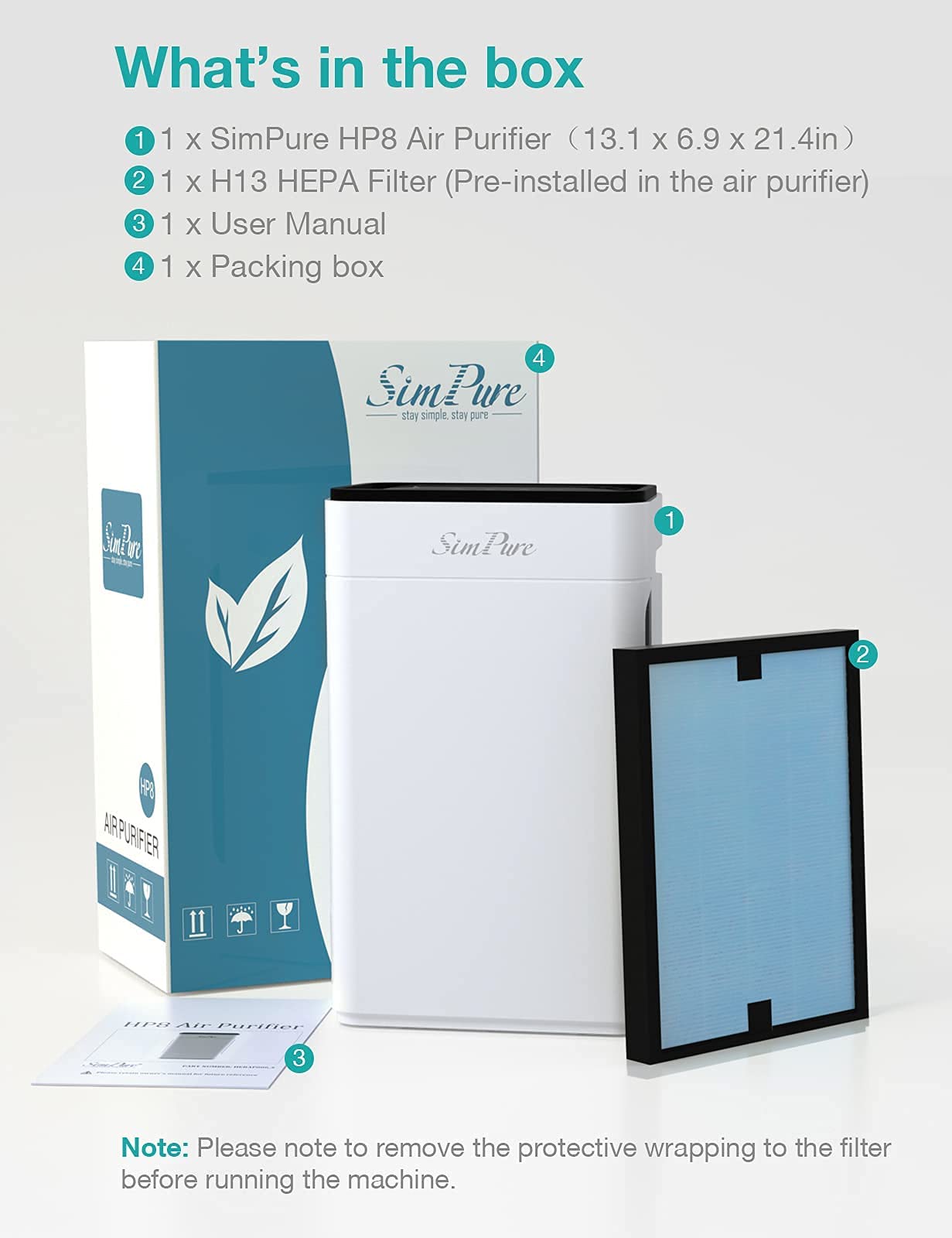 Combo Pack of SimPure HP8 Air Purifier for Home Large Room and Additional Replacement Filter