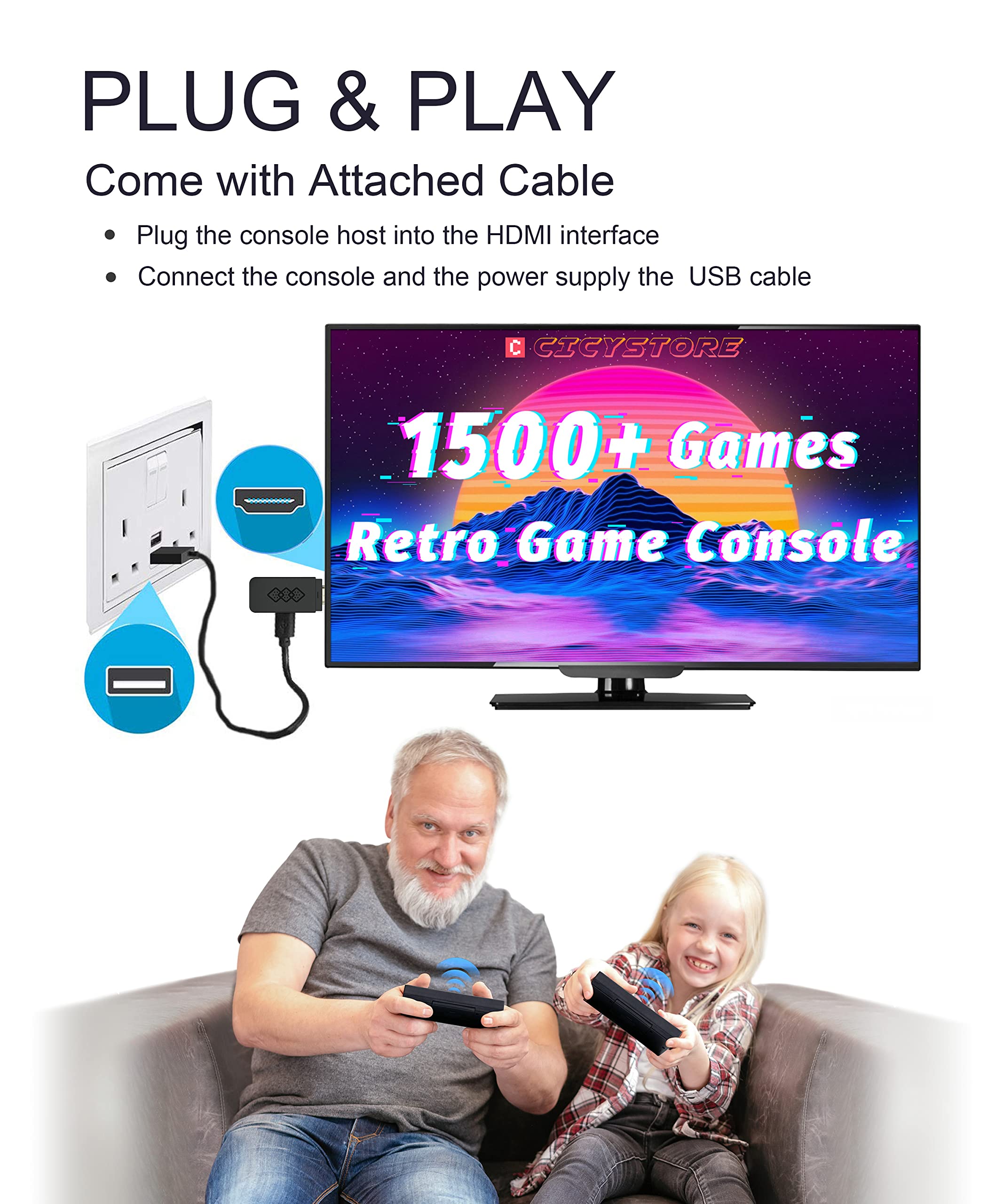 CICYSTORE Retro Game Console with 1500 Retro Video Games, HDMI HD Output NES Retro Game Console, Old Arcade Plug and Play Video Games Console is an Gift Choice for Children and Adults