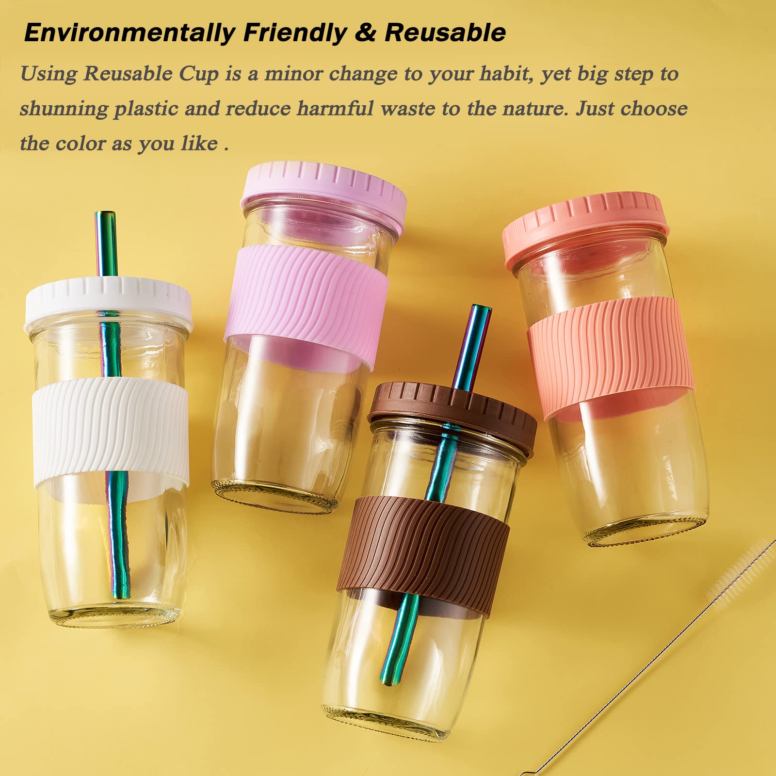 Amyoole 2 Pack Reusable Boba Cup,24Oz Wide Mouth Smoothie Cup,mason Jar Glass Cups with Lids and Straws,Bubble/Boba Tea Cups,Ice Coffee Tumbler 2 colored straws 1 sponge brush(Brown)