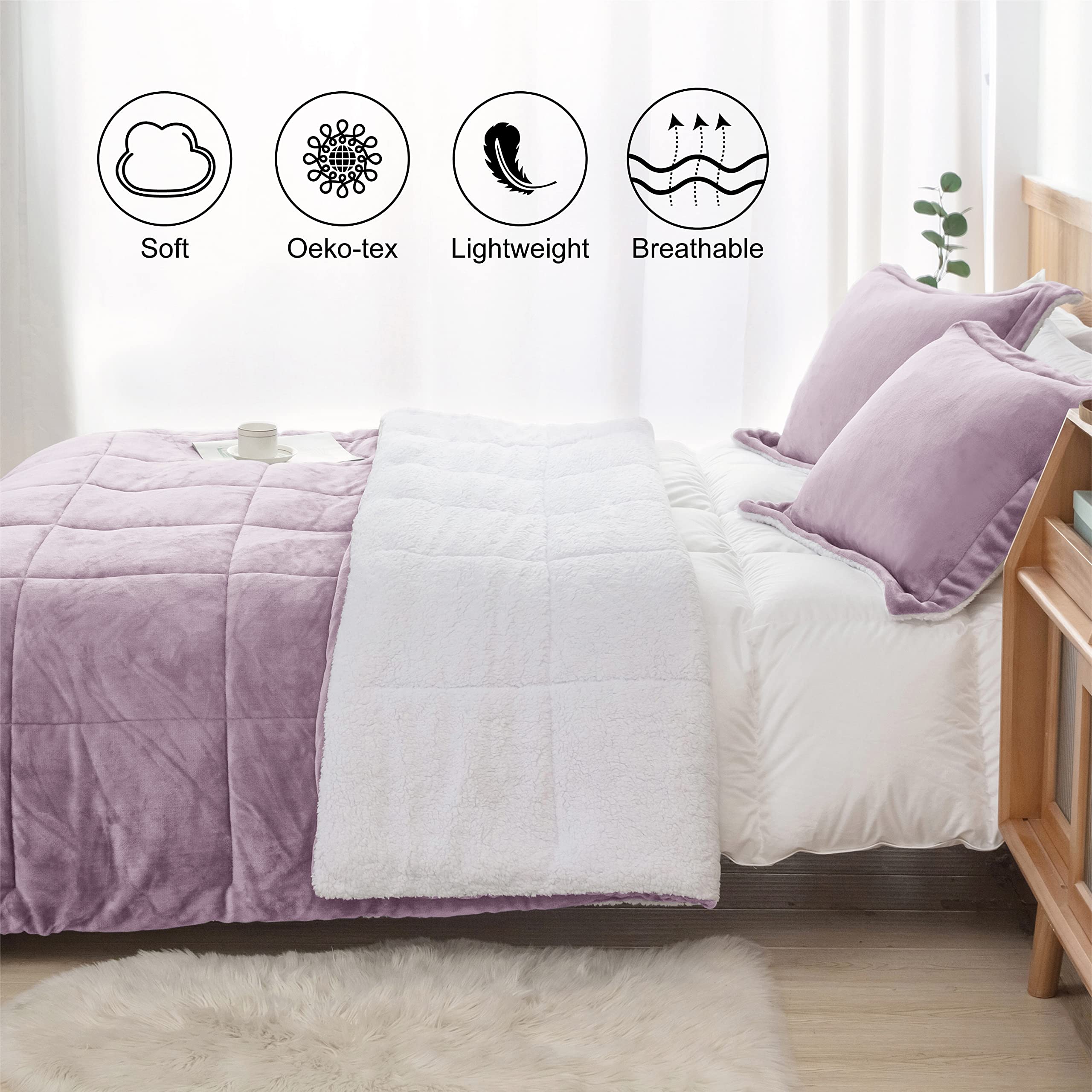 Lavender Purple Fuzzy Sherpa Comforter Set Full Queen Size, Soft Fall Winter All Season Girls Bedding Comforter Sets 3 Piece (1 Comforter and 2 Pillow Shams)