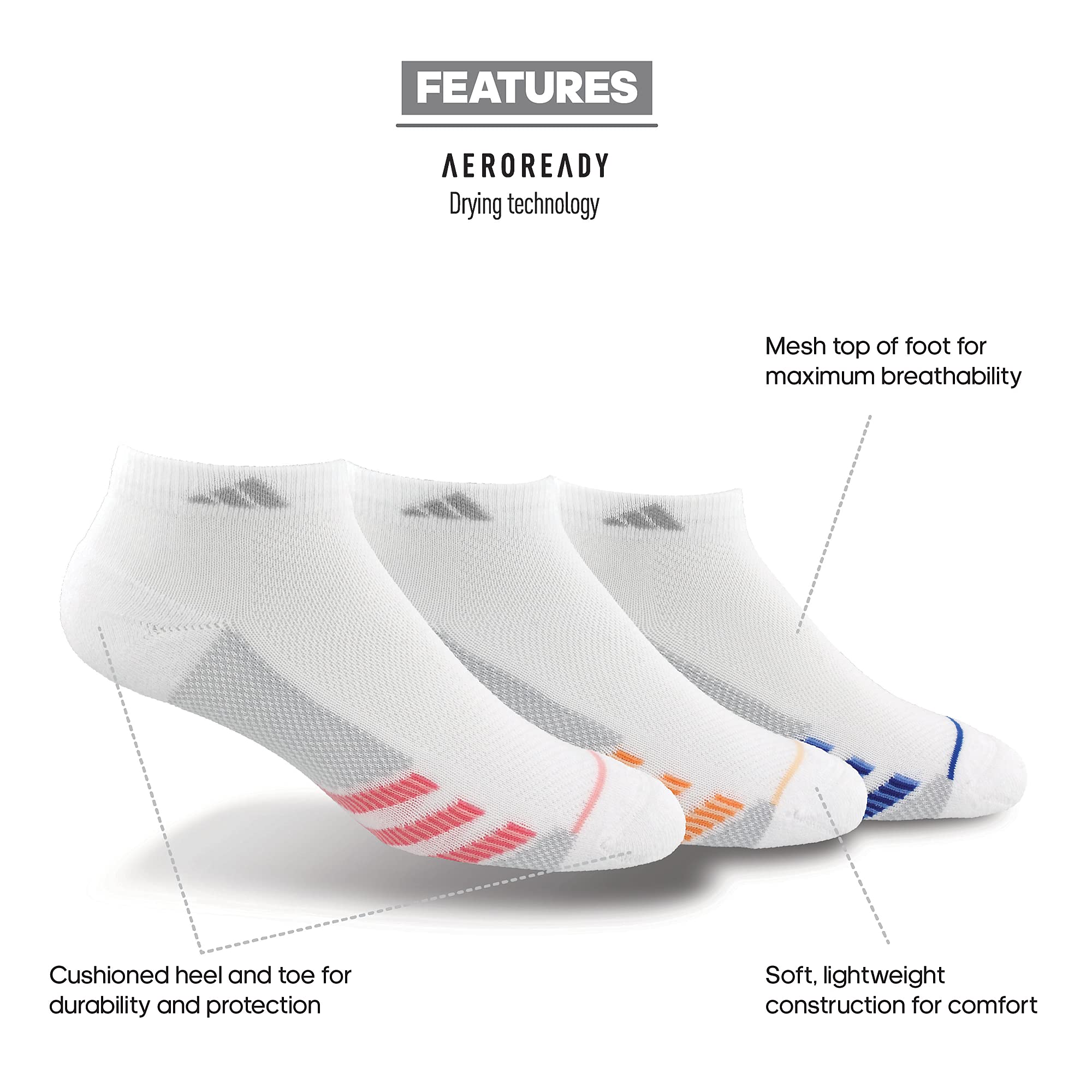 adidas Women's Superlite Stripe II 3-Pack Low Cut, White/Glory Pink/Glory Blue, Medium