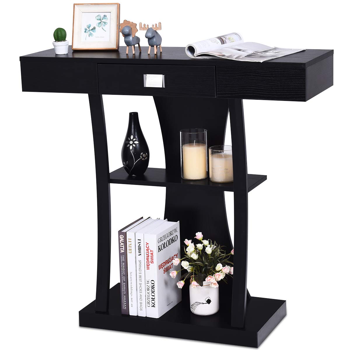 Giantex Narrow Console Table T-Shaped - Behind Couch Table with Drawer, Shelves, Dual Anti-Tipping Kits, Modern Foyer Table, Sofa Side Table for Living Room, Entryway, Hallway, Entry Table (Brown)