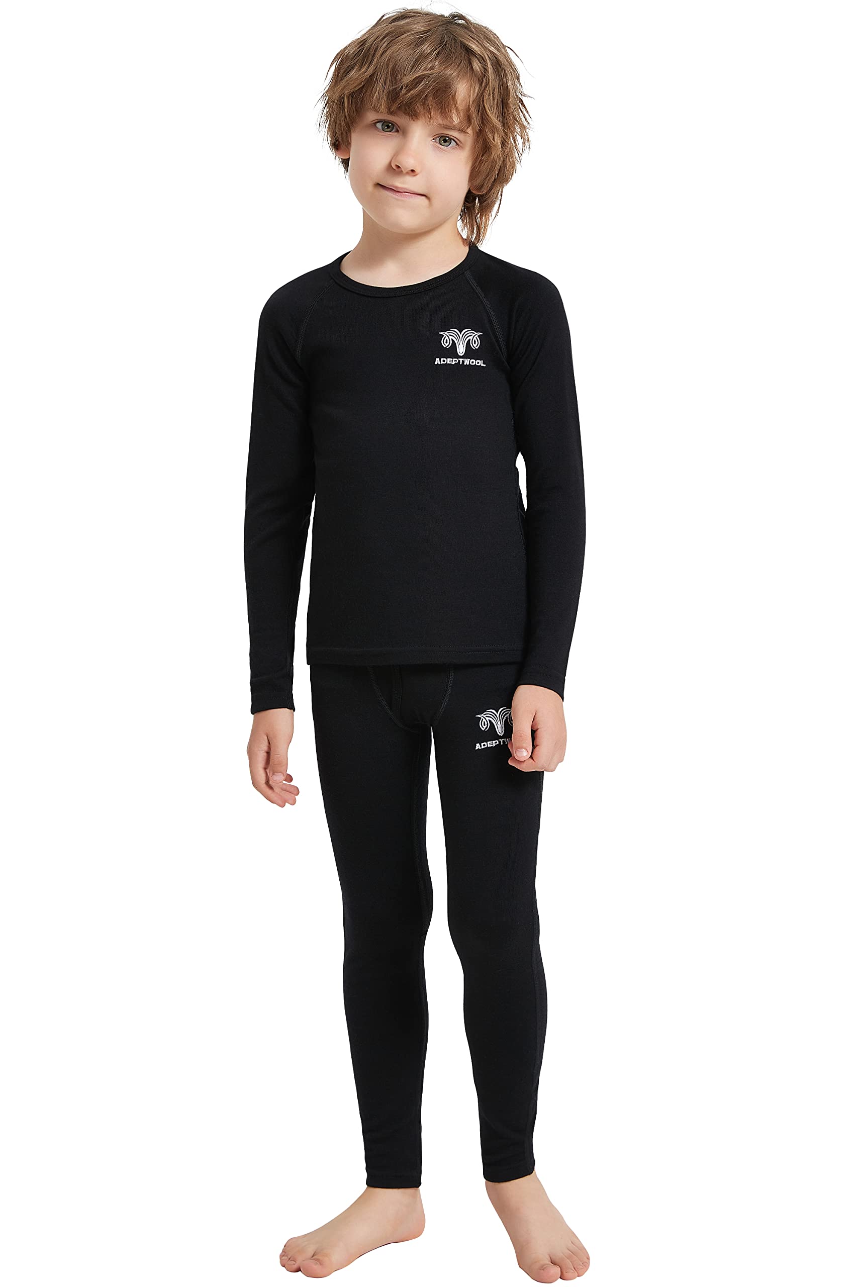 Adeptwool Boy Kids Merino Wool Base Layer Set Top and Bottom Thermal Underwear Black