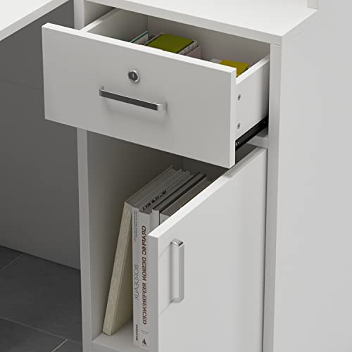 AIEGLE Reception Desk with Counter Drawers & Storage Shelves, L-Shaped Reception Counter Table for Salon Reception Room Checkout Office, White (55.9" L x 32.3" W x 48.4" H)