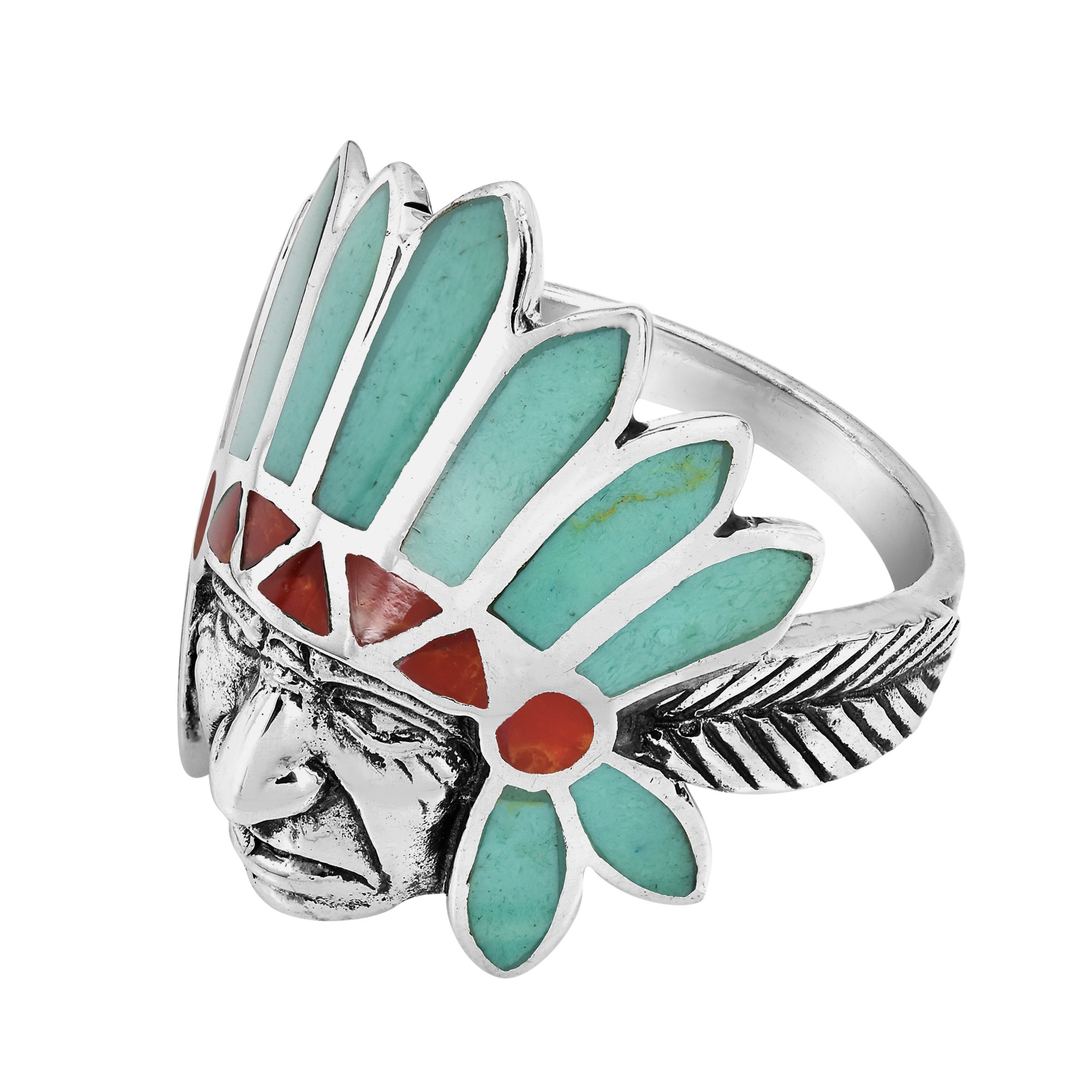 AeraVida Native American Style Reconstructed Red Coral-Green Simulated Turquoise Inlay .925 Sterling Silver Ring (9)