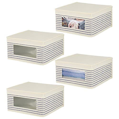 mDesign Medium Fabric Stackable Closet Storage Organizer Box, Front Window/Lid for Bedroom, Office, Mudroom Organization, Hold Clothes, Blankets, Linens, Lido Collection, 4 Pack, Natural/Blue Stripe