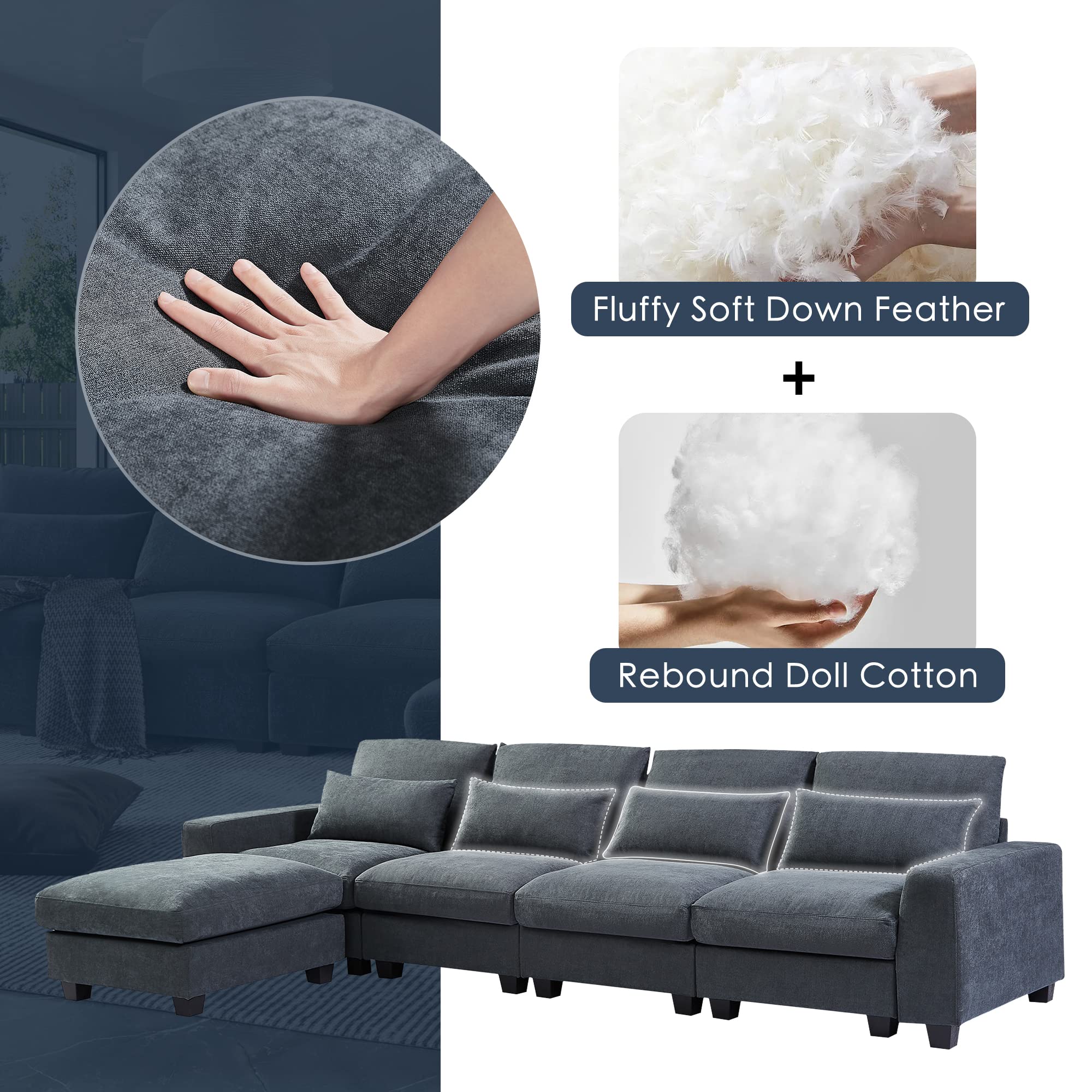 KEVINSPACE 129.9" L-Shaped Sofa Modern 3 Seat Upholstered Couch Reversible Sectional Sofa with Removable Ottomans Solid Wood Legs and Waist Pillows for Living Room, Bedroom, Dark Gray