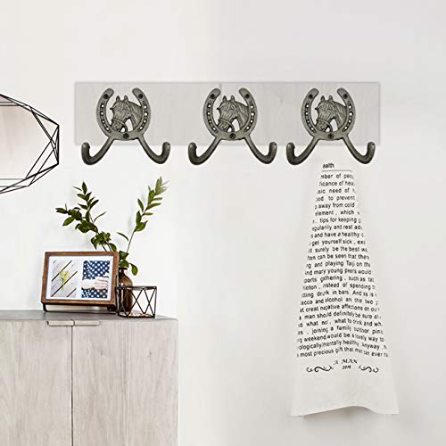 TIHOOD 2PCS 4.5" Horse Head Horseshoe Western Double Cast Iron Wall Hooks, Horse Shoe with Horse