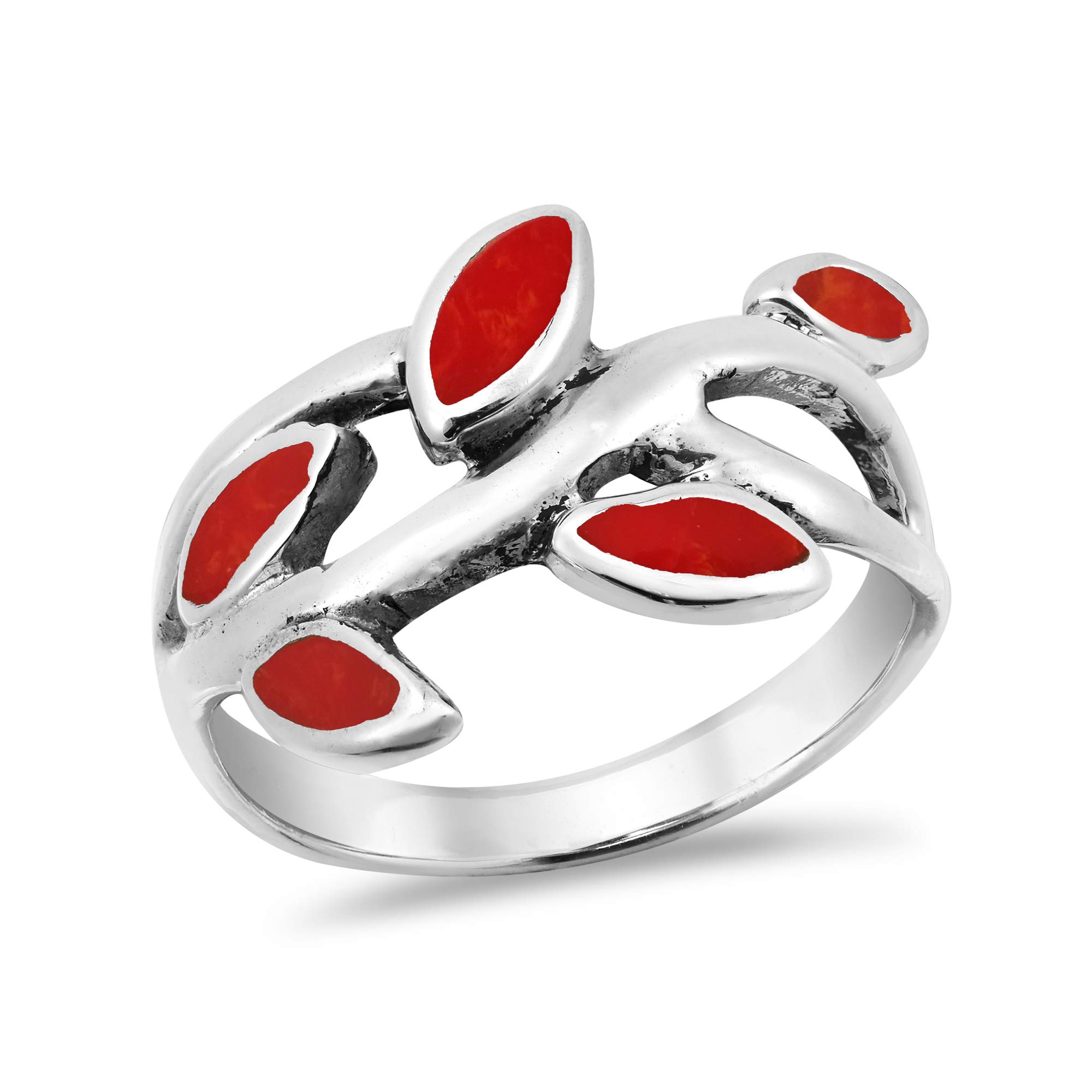 AeraVida Olive Branch Leaves Wrap Reconstructed Red Coral Inlay .925 Sterling Silver Ring