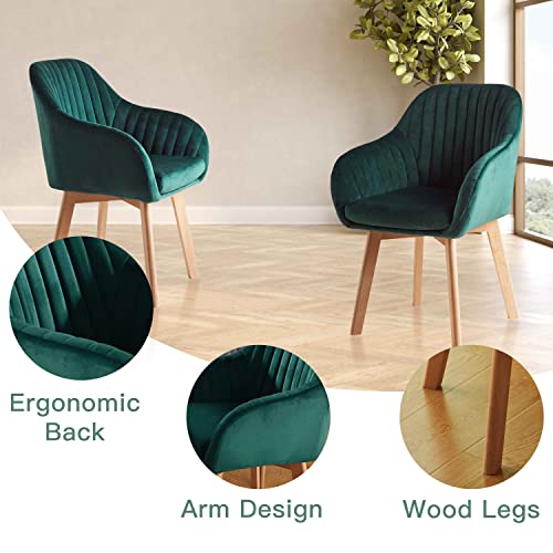 ANOUR Modern Accent Chairs Set of 2, Velvet Kitchen Dining Room Chairs with Wood Legs,Upholstered Arm Chairs for Living Room Bedroom Vanity(Green,2 Pack)