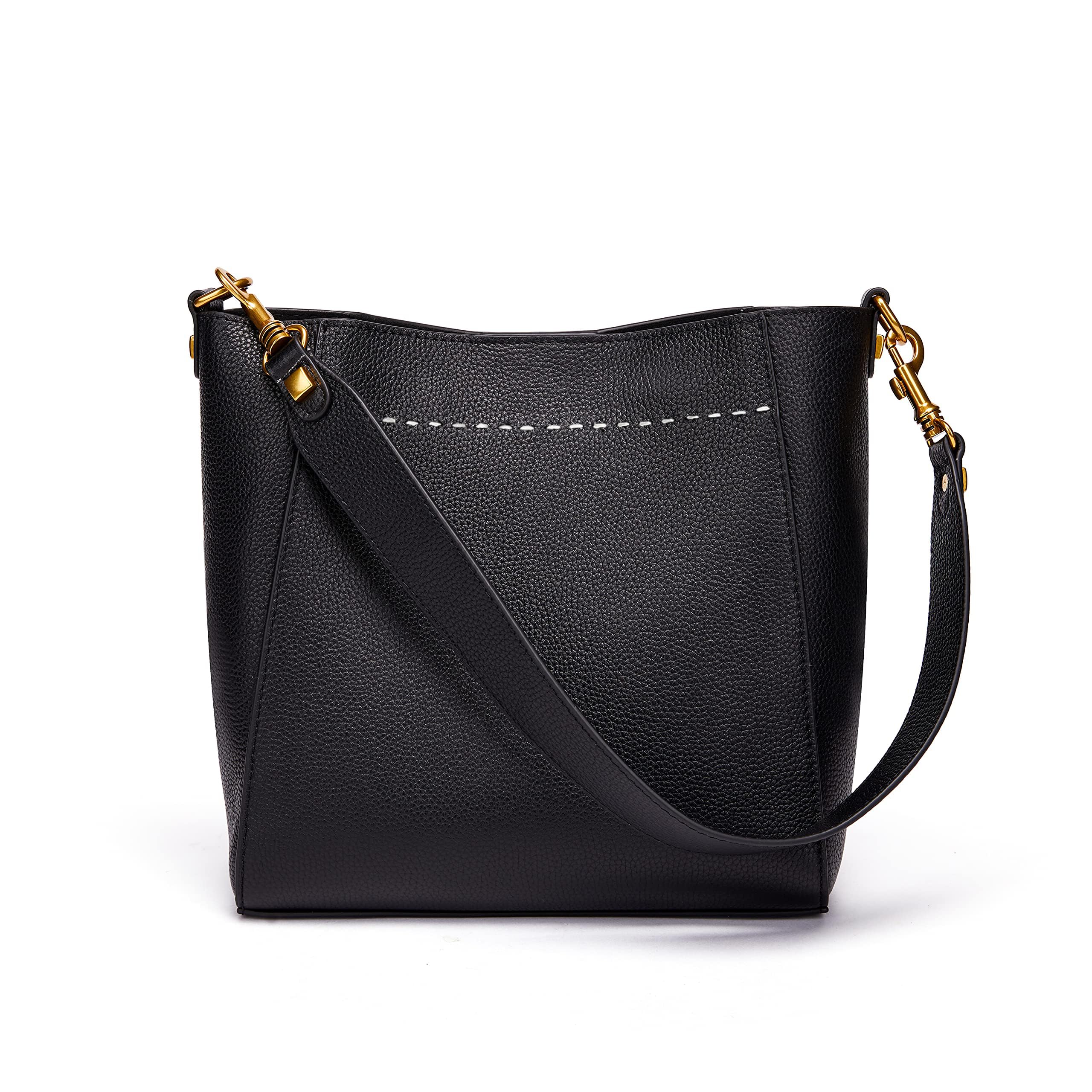 DORIS&JACKY Leather Bucket Tote Bag For Women Medium Hobo Shoulder Purse And Handbags (1-Black)