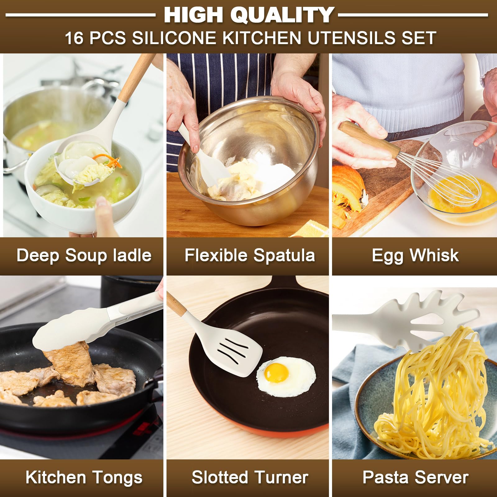 AIKKIL Silicone Cooking Kitchen Utensils Set, 16 Pcs Cooking Utensils Set with Holder, Heat Resistance, White Wooden Handle Silicone Kitchen Gadgets Utensil Set for Nonstick Cookware