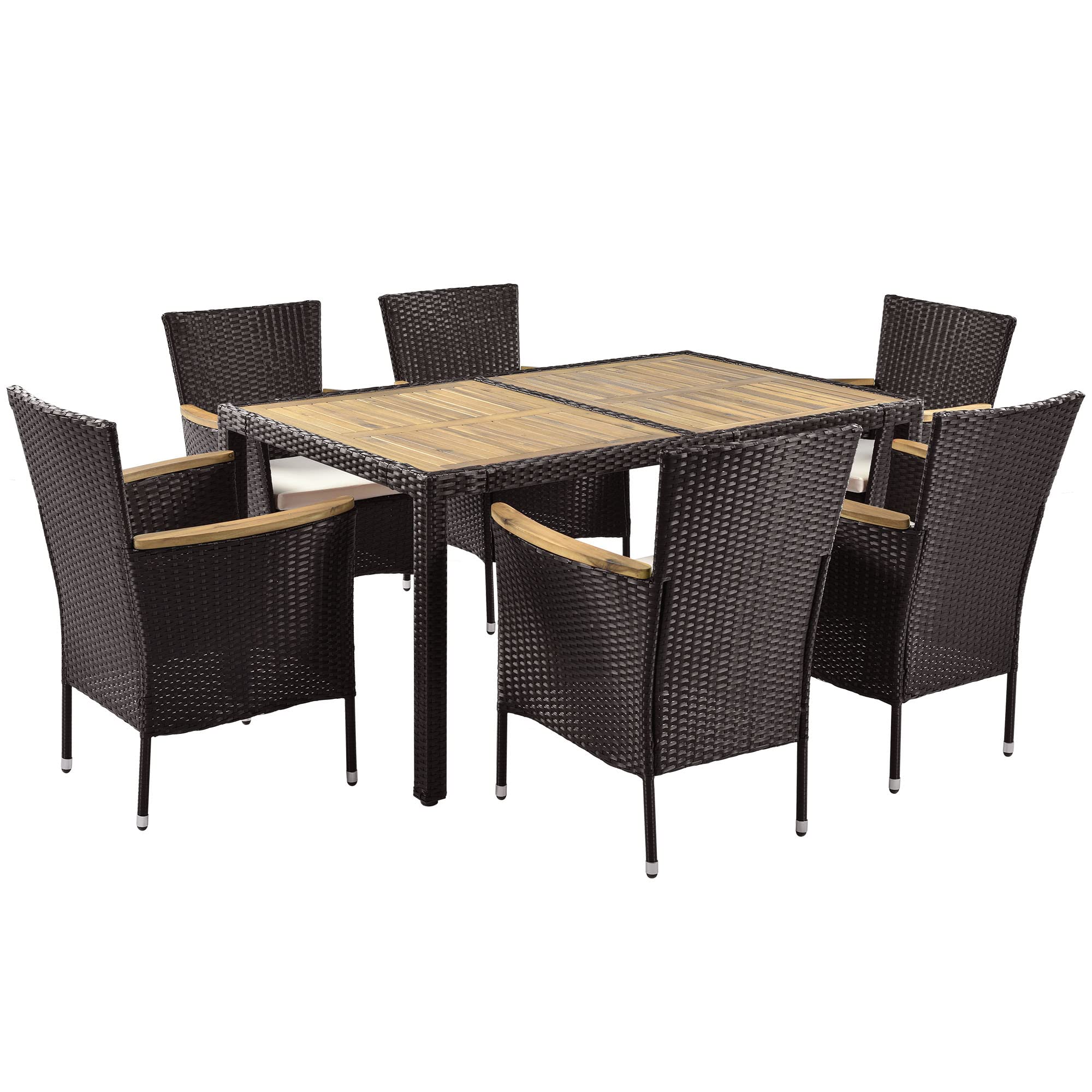 LZ LEISURE ZONE Patio Furniture Set, 7 Piece Outdoor Dining Table Set, Wicker Rattan Dining Table and Chairs Set, Patio Conversation Set with Cushions, Brown+Beige
