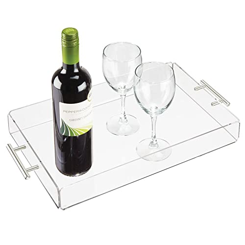 mDesign Modern Acrylic Rectangular Serving Tray with Handles for Food, Tea, Coffee, Breakfast, Snacks, Cheese, Appetizers - Use in Kitchen, Bathroom, Office - Small, 2 Pack - Clear/Stainless Steel