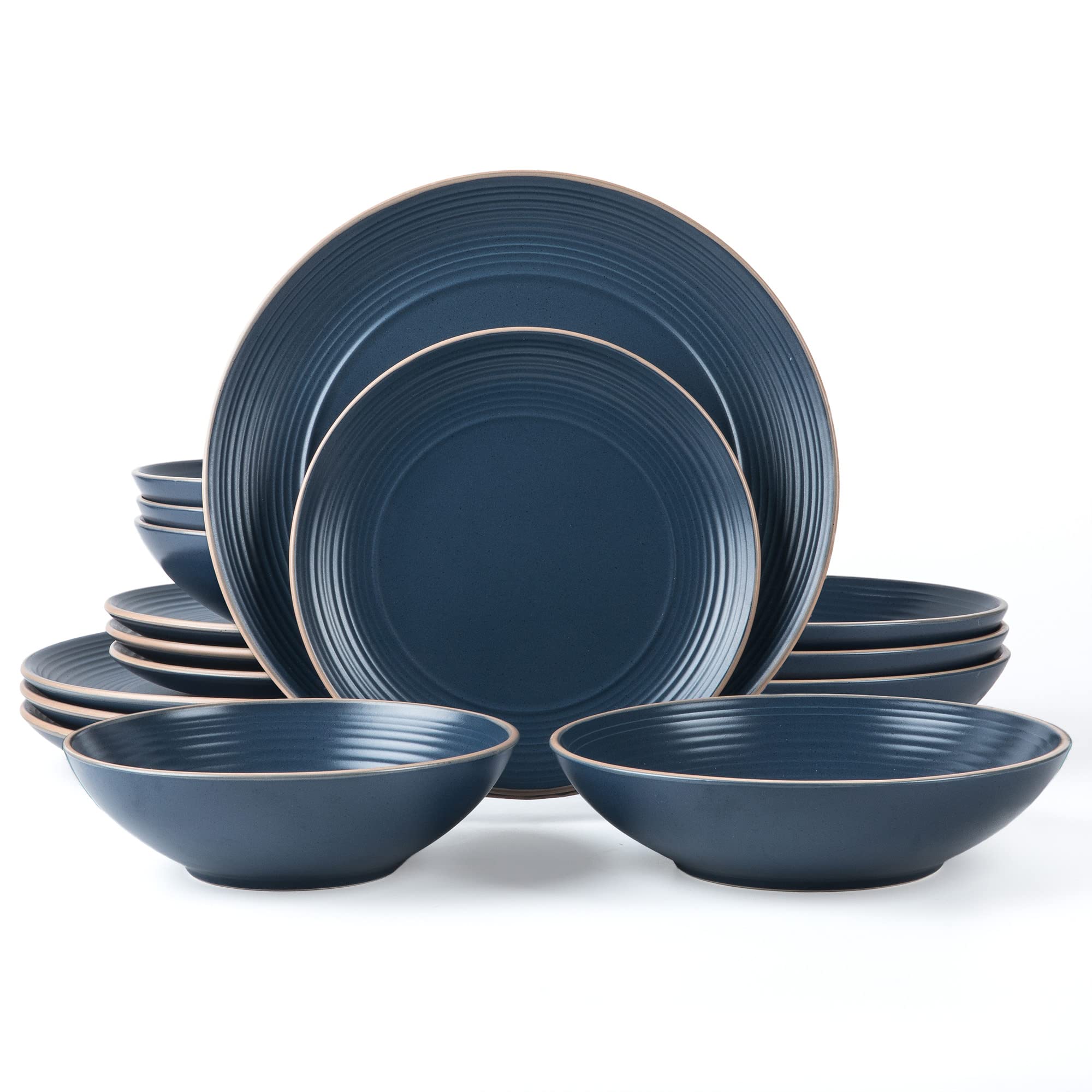Arora RINGAR Round Stoneware 16pc Double Bowl Dinnerware Set for 4, Dinner Plates, Side Plates, Cereal Bowls, Pasta Bowls - Speckle Matte Blue (420796)