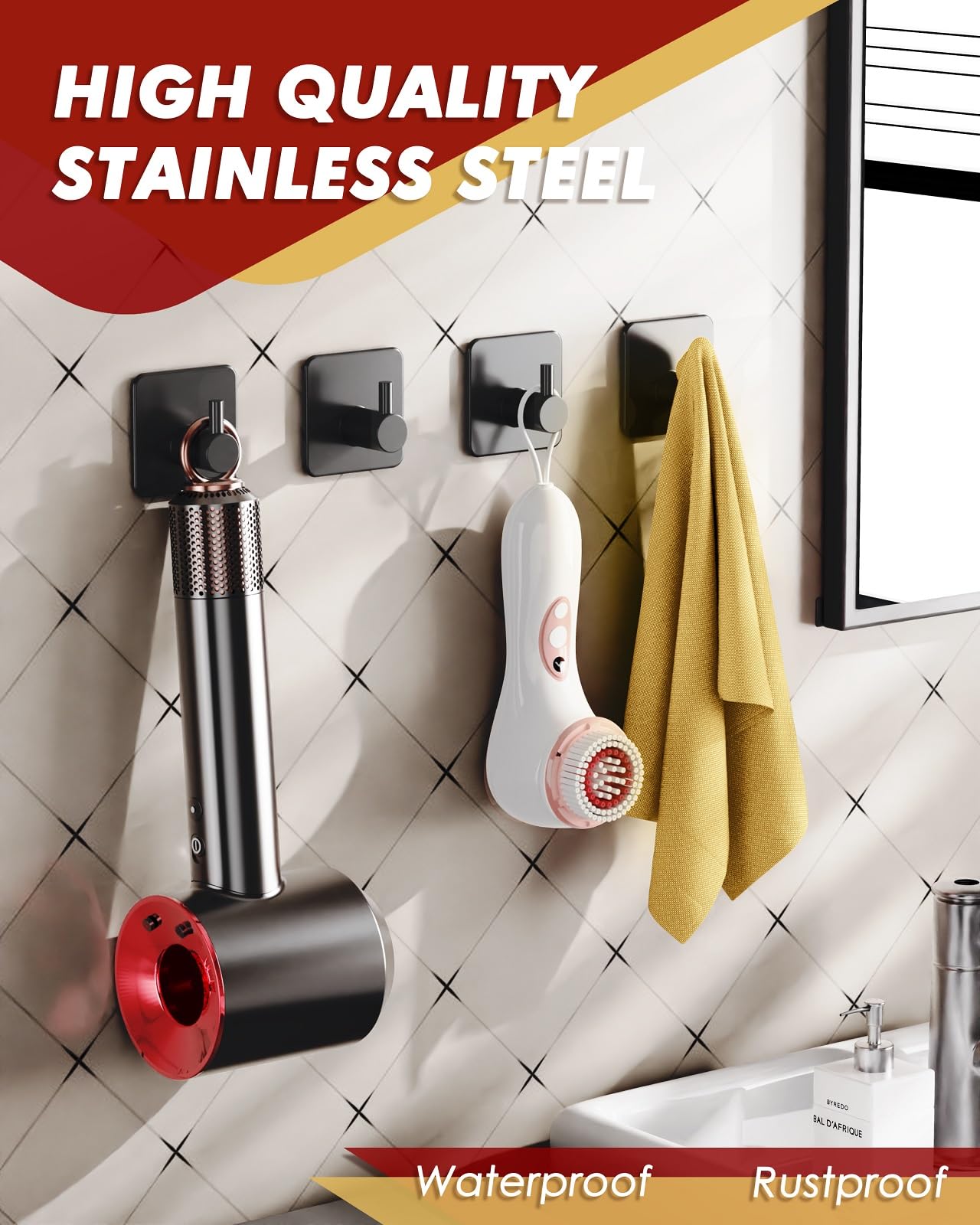 Adhesive Hooks Heavy Duty 22lb(Max) Wall Hooks, 5 Pack Self Adhesive Damage Free Utility Hooks Stainless Steel for Towel Coat Robe, Waterproof Oilproof Rustproof for Bathroom Shower Kitchen Office