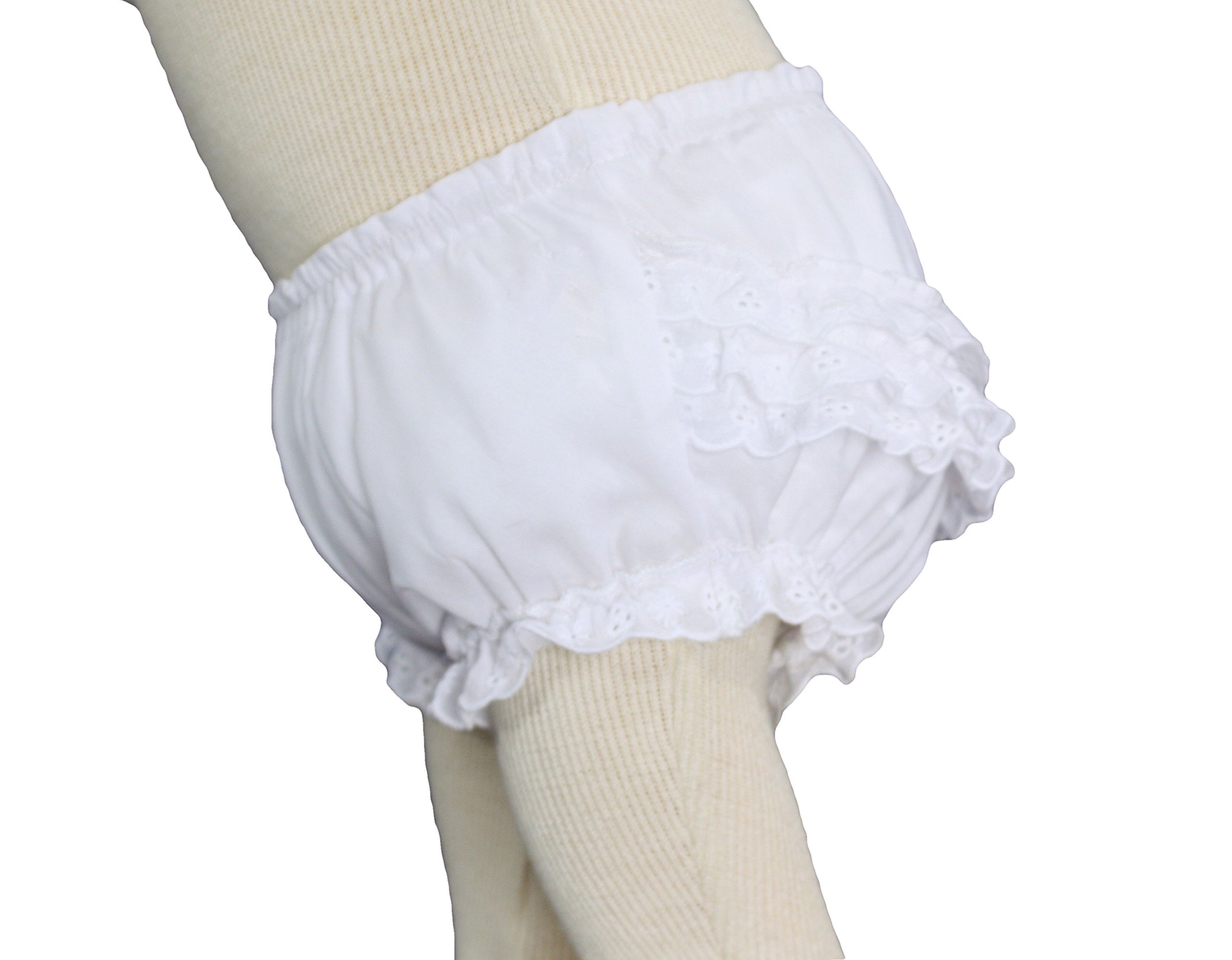 Little Things Mean A Lot Baby Girls White Elastic Bloomer Diaper Cover with Embroidered Eyelet Edging - NB
