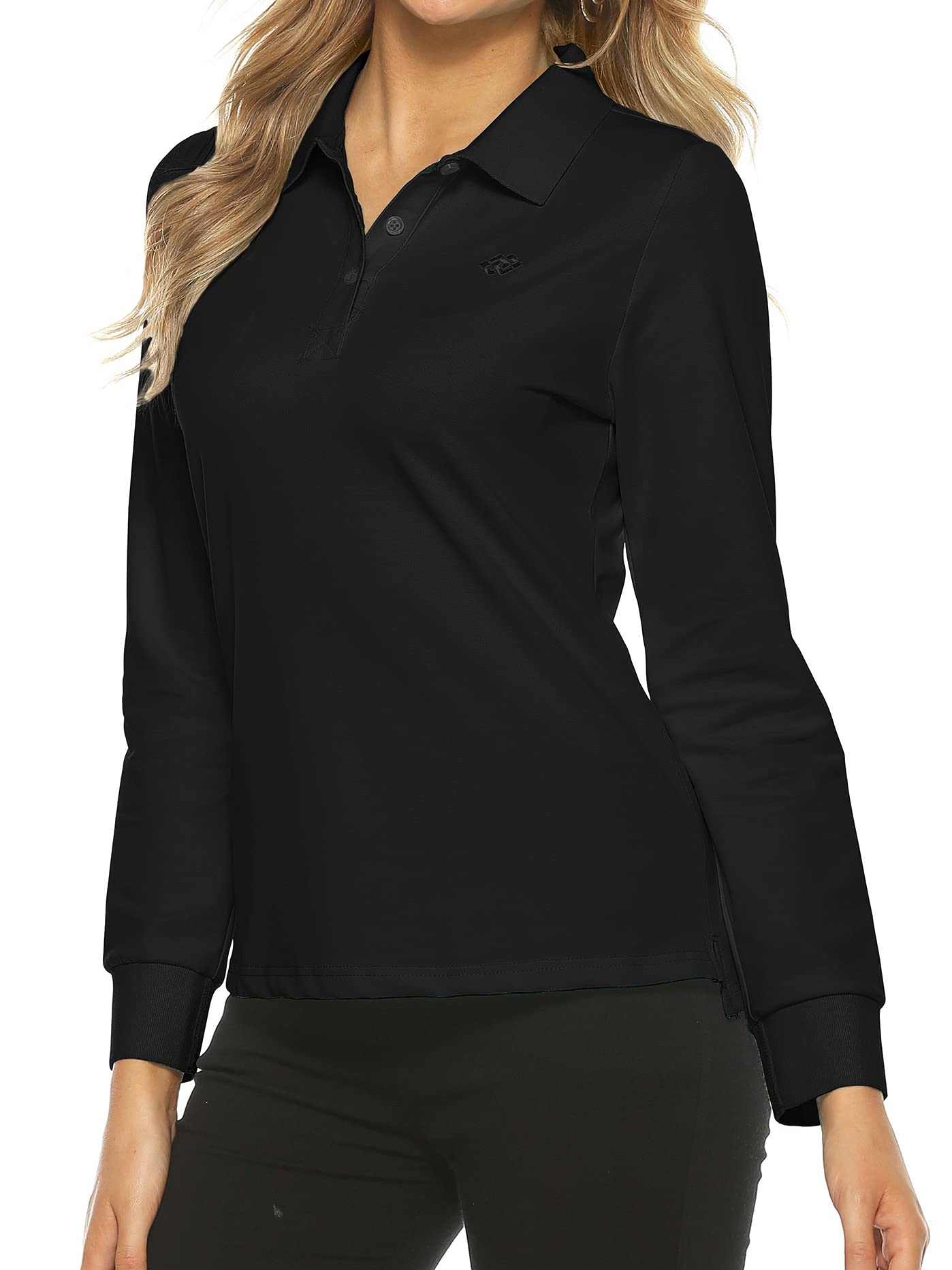 AjezMax Womens Golf Tennis Polo Shirts Long Sleeve Sun Protection Quick Dry Lightweight Casual Button Sports Athletic Tops Black Large
