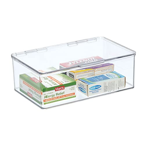 mDesign Plastic Household Storage Bin Box Organizer Container with Hinge Lid for Kitchen, Office, Bathroom, Bedroom, Hold Food, Snacks, Makeup, Toys, Work Supplies, Accessories - Clear