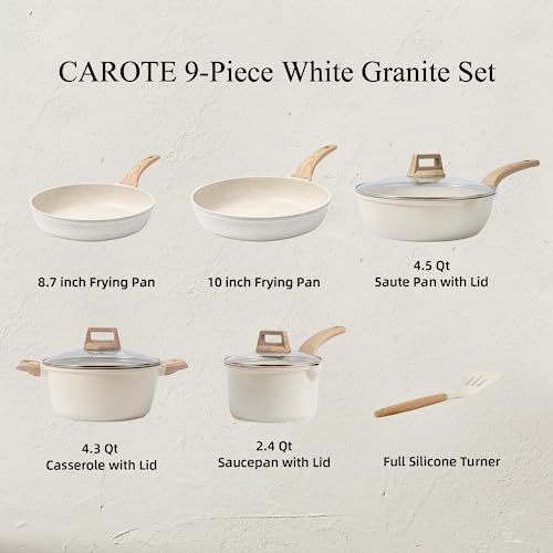 CAROTE Pots and Pans Set,Nonstick Cookware Sets Induction Cookware, White Granite 9 Pcs Non Stick Cooking Set w/Frying Pans & Saucepans(PFOS, PFOA Free)
