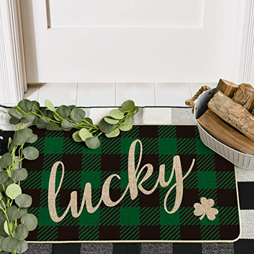Artoid Mode Buffalo Plaid Lucky Clover Shamrock Decorative Doormat, Seasonal Spring St. Patrick's Day Holiday Low-Profile Floor Mat Switch Mat for Indoor Outdoor 17 x 29 Inch