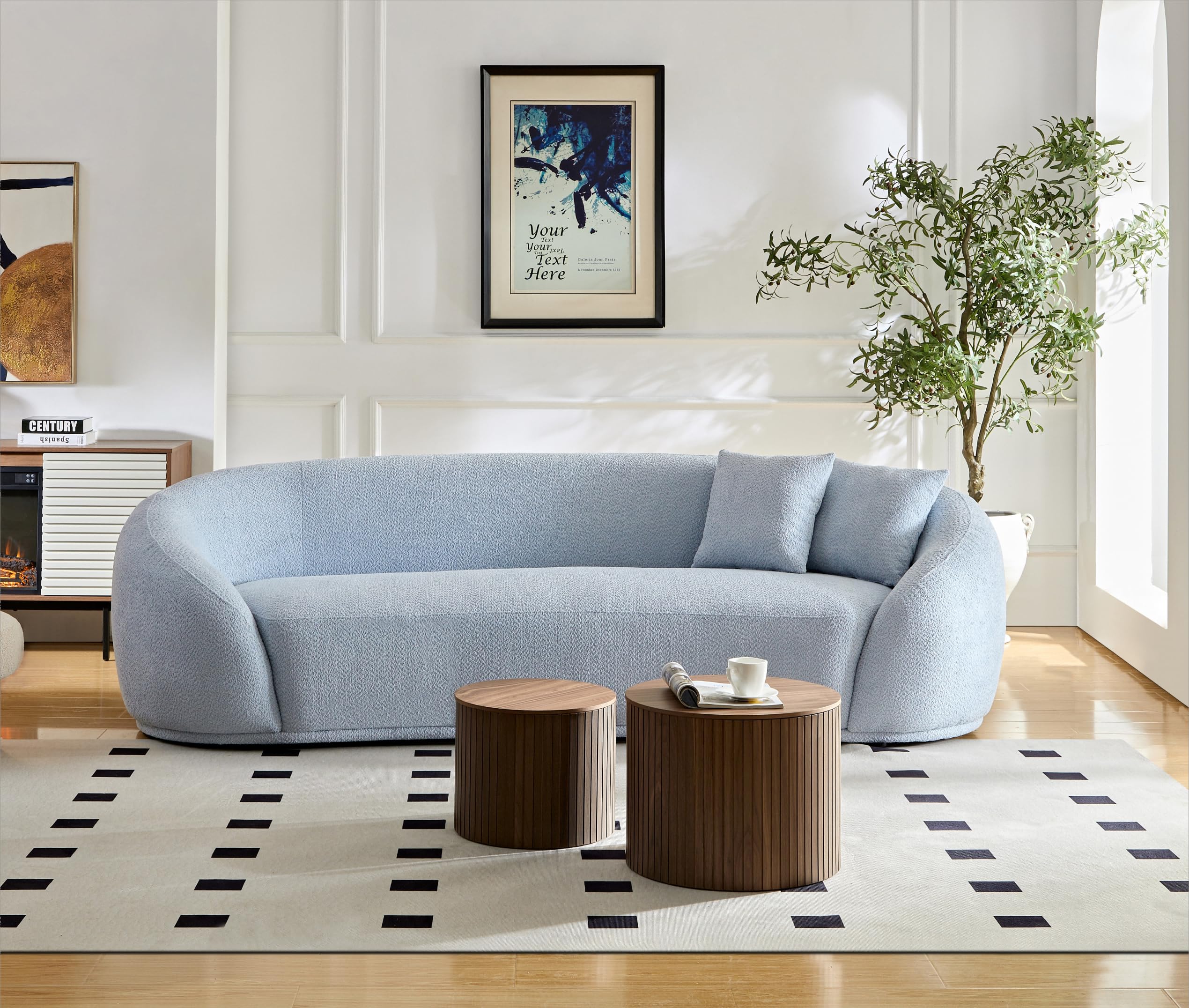 WAKEEPING 103" Modern Curved Sofa, Back Upholstered Boucle Couch with 2 Throw Pillows, 3-Seat Boucle Fabric Couch for Living Room, Office, Apartment (White, 103")