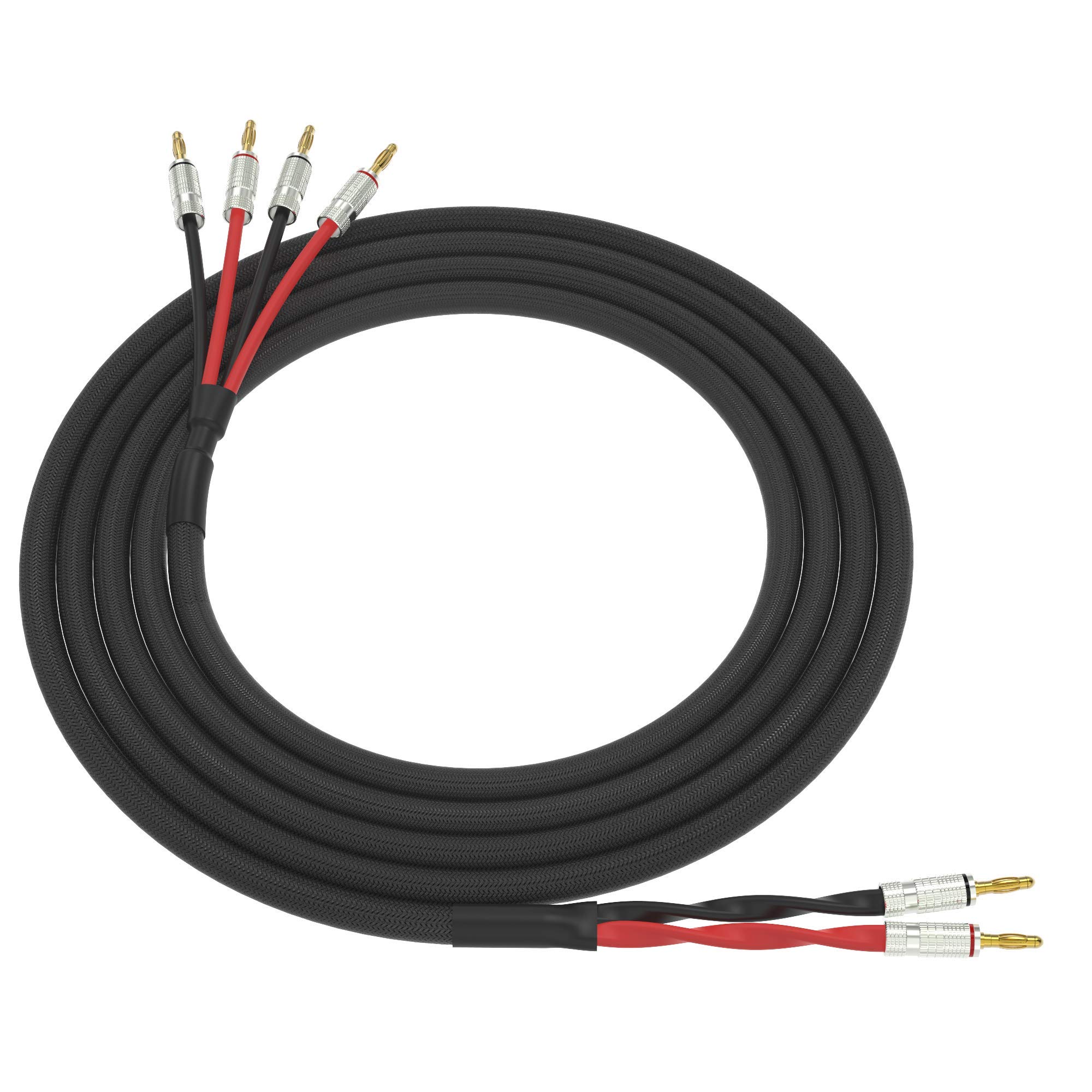 ChromaLeaf Canare 4S11 Bi-Wire Professional Audio Speaker Cable | 2 Bananas to 4 Bananas | Black Techflex | Premium Gold Plated Banana Plugs | 8 Feet | Assembled in The USA