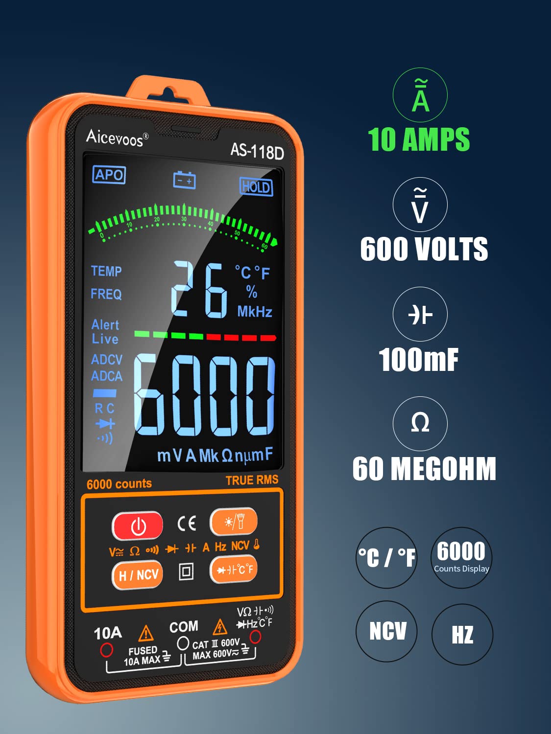 Aicevoos AS-118D Smart Digital Multimeter Auto-Ranging Voltmeter Electrical Tester Measures Voltage Current Capacitance Resistance Continuity Duty-Cycle Temperature Frequency
