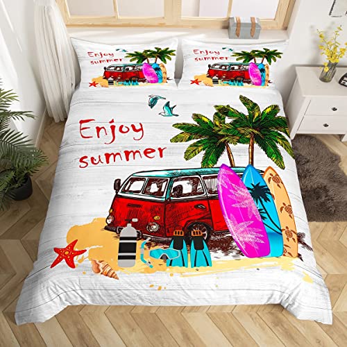 Castle Fairy Summer Beach Duvet Cover Set Full Size,Red Camper Colorful Surfboard Comforter Cover with 2 Pillowcases,Ocean Starfish Palm Trees Breathable Bedspread for Boys Teens,Pillow Sham