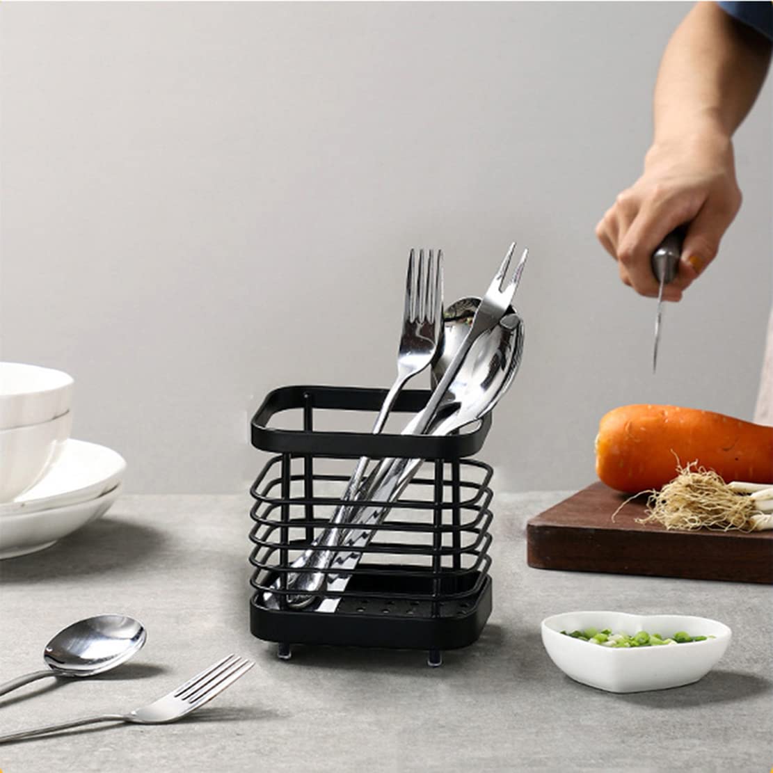ANHORTS Utensil Holder Stainless Steel, Cutlery Drainer Rack for Kitchen Counter, Countertop Organizer for Flatware Silverware Dinner Forks, Knives and Spoons, Black