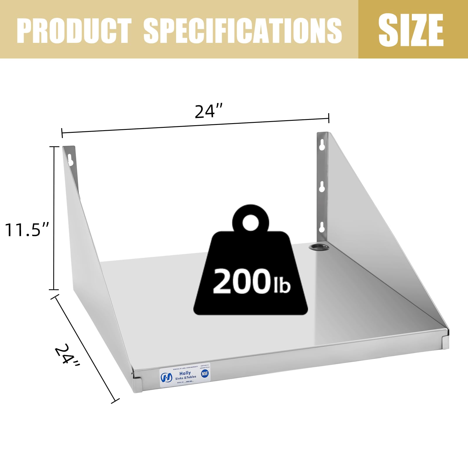 Hally Stainless Steel Microwave Shelf 24"x24" 200 lb, NSF Commercial Heavy Duty Metal Appliance Wall Mount Floating Shelving for Restaurant, Kitchen, Bar, Home and Hotel