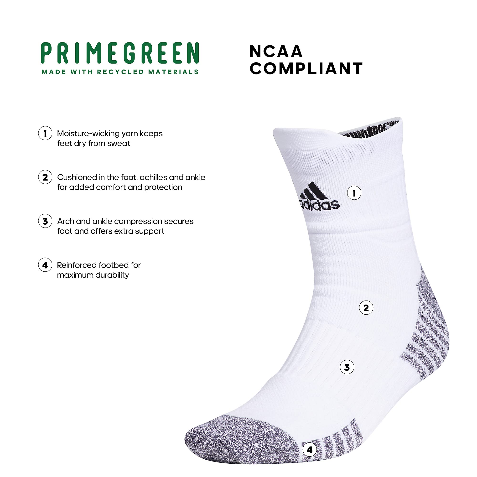 adidas 5-Star Team Cushioned High Quarter Socks (1-Pair), White/Black, Large