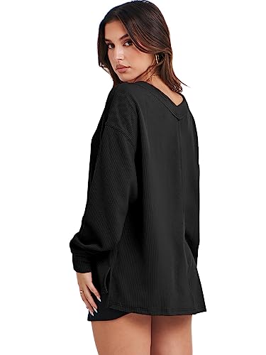 ANRABESS Women’s Casual Long Sleeve Sweatshirt V Neck Off Shoulder Shirt Loose Baggy Comfy Knit Pullover Sweaters Tunic Top 2023 Fall Clothes A1069heise-XL Black