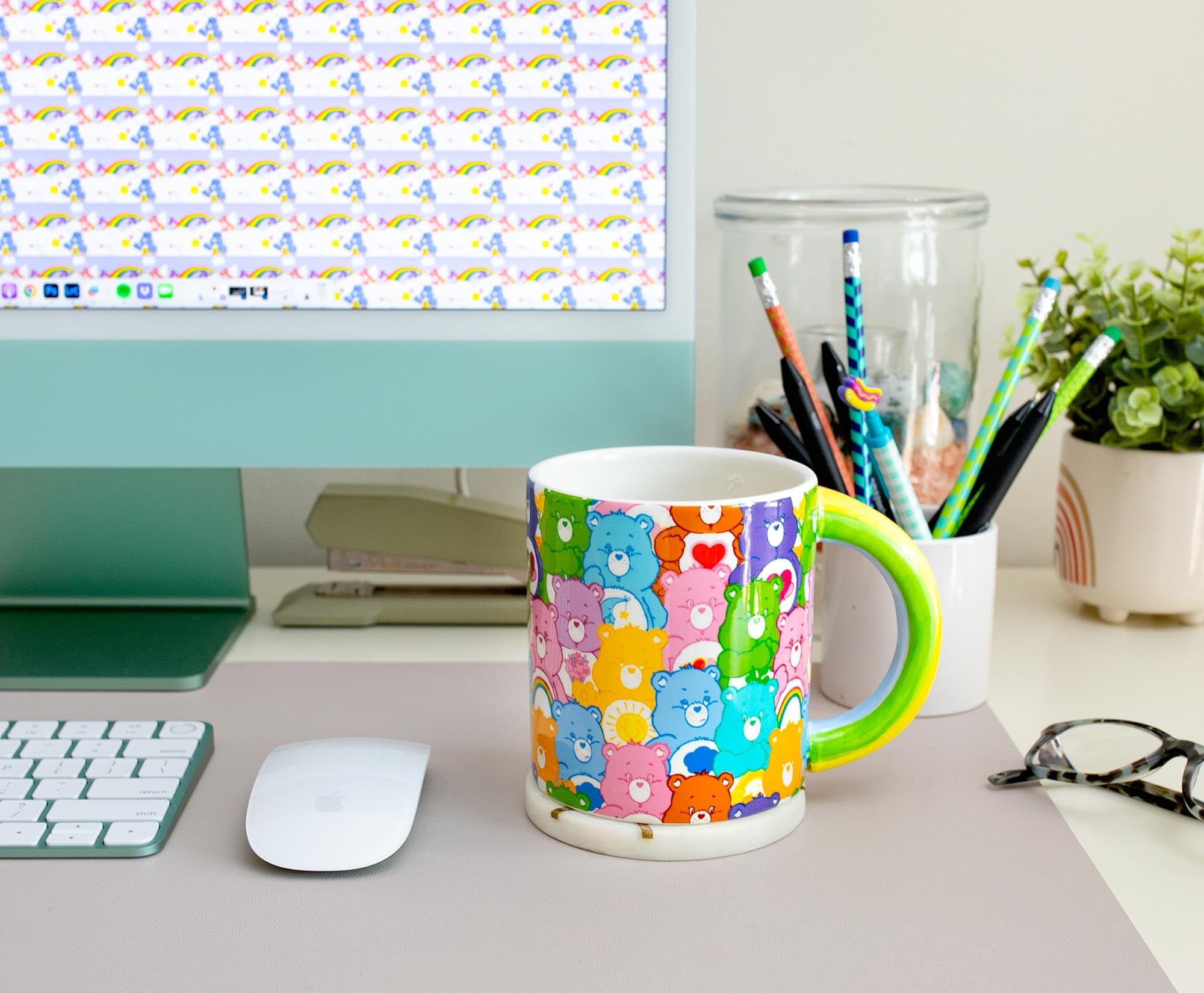 Care Bears Allover Print Ceramic Mug With Rainbow Handle | Large Coffee Cup For Tea, Espresso, Cocoa | Holds 20 Ounces
